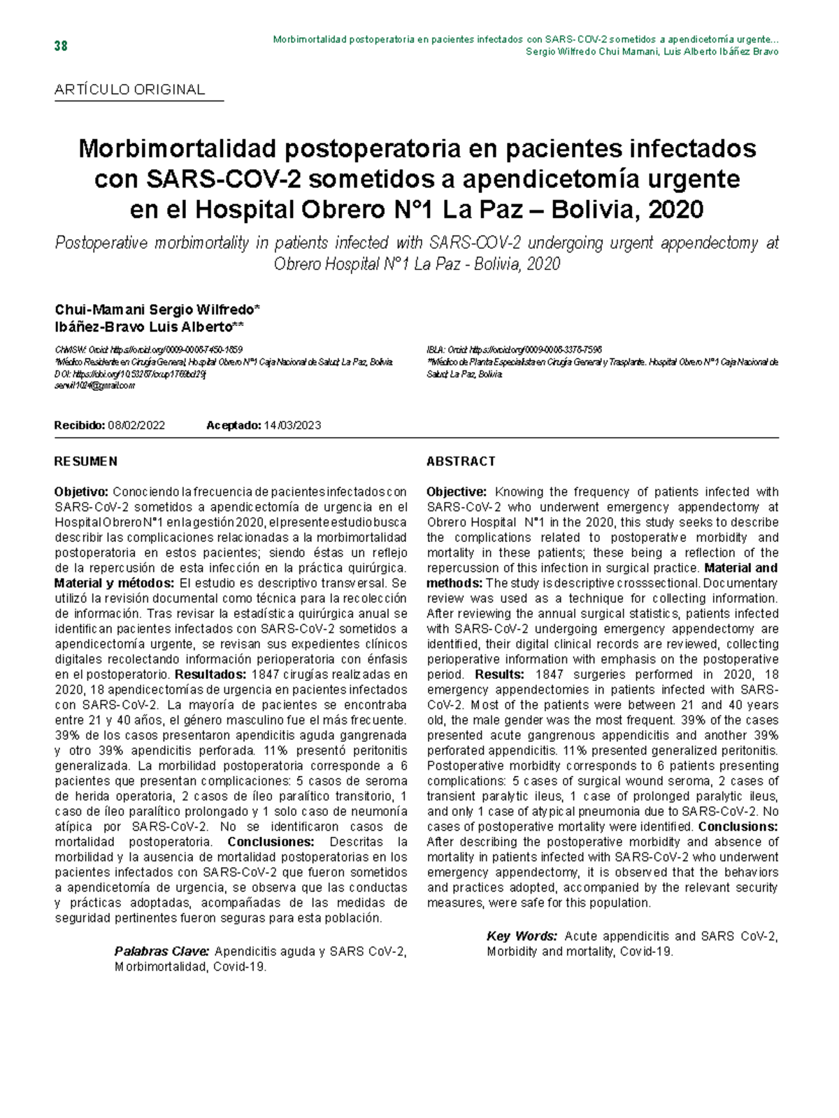 CHUI Sergio Ibanez LUIS Articulo Original - 38 RESUMEN Objetivo ...