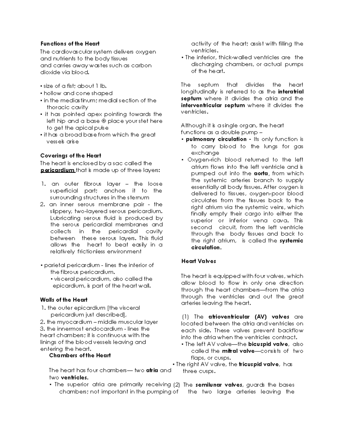 Cardio Notes - Functions of the Heart The cardiovascular system ...