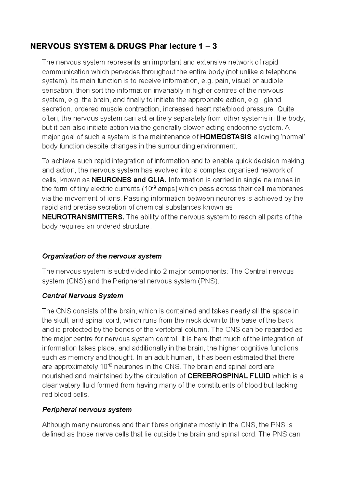 PHAR1001 lectutres 1 - 3 - NERVOUS SYSTEM & DRUGS Phar lecture 1 – 3 ...