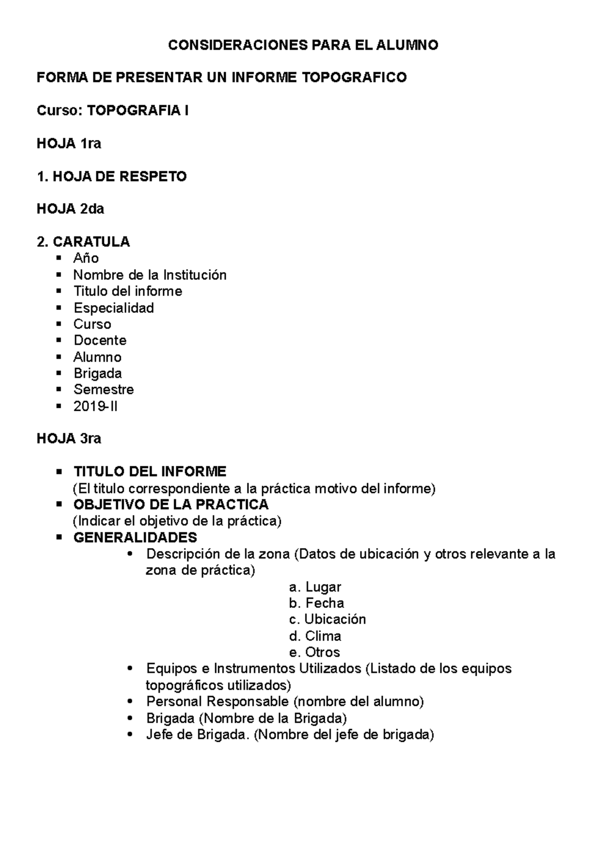 Forma de Presentar Informe Topograf - CONSIDERACIONES PARA EL ALUMNO ...