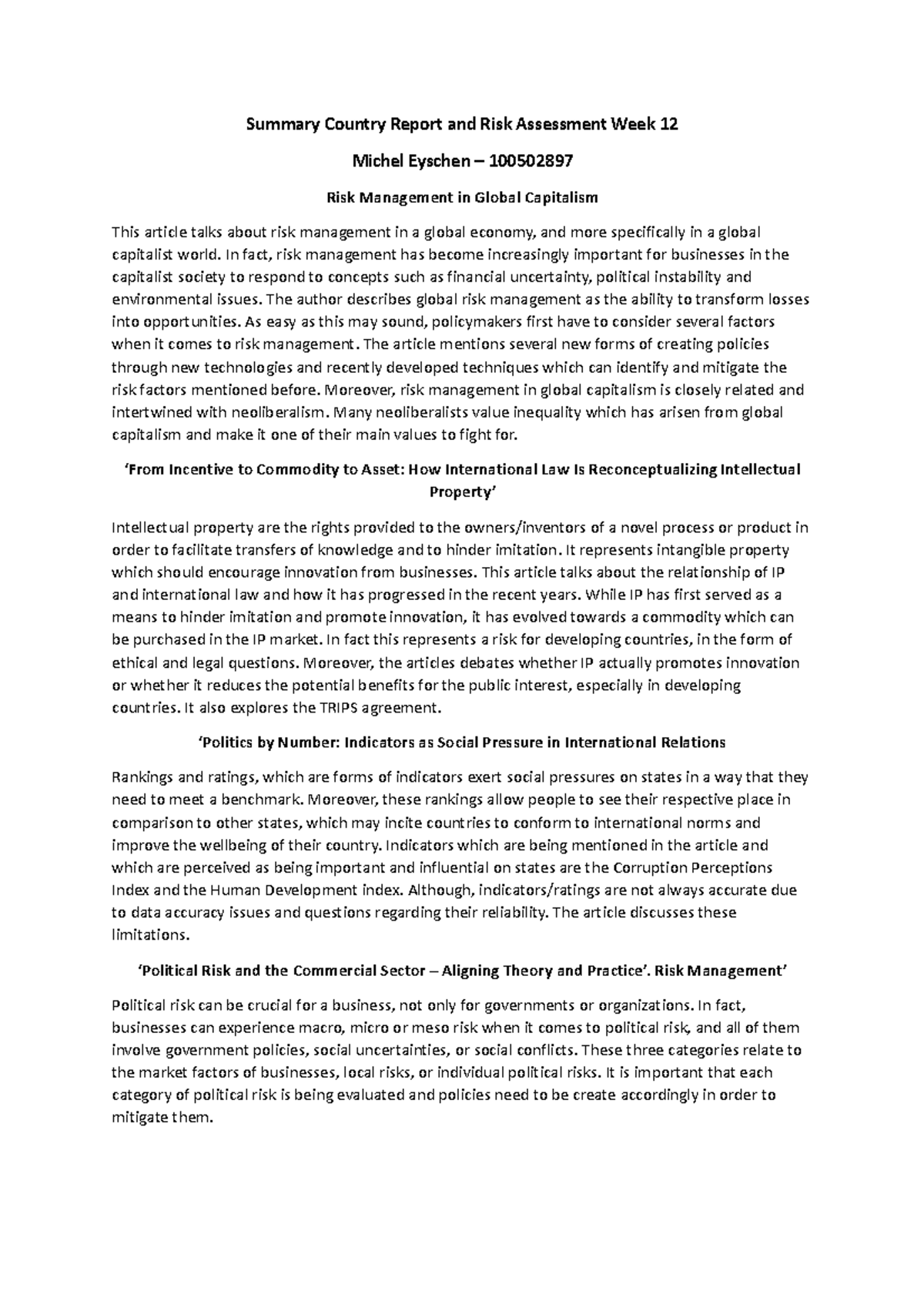 Summary Week 12 Country Report and Risk Assessment - Summary Country ...