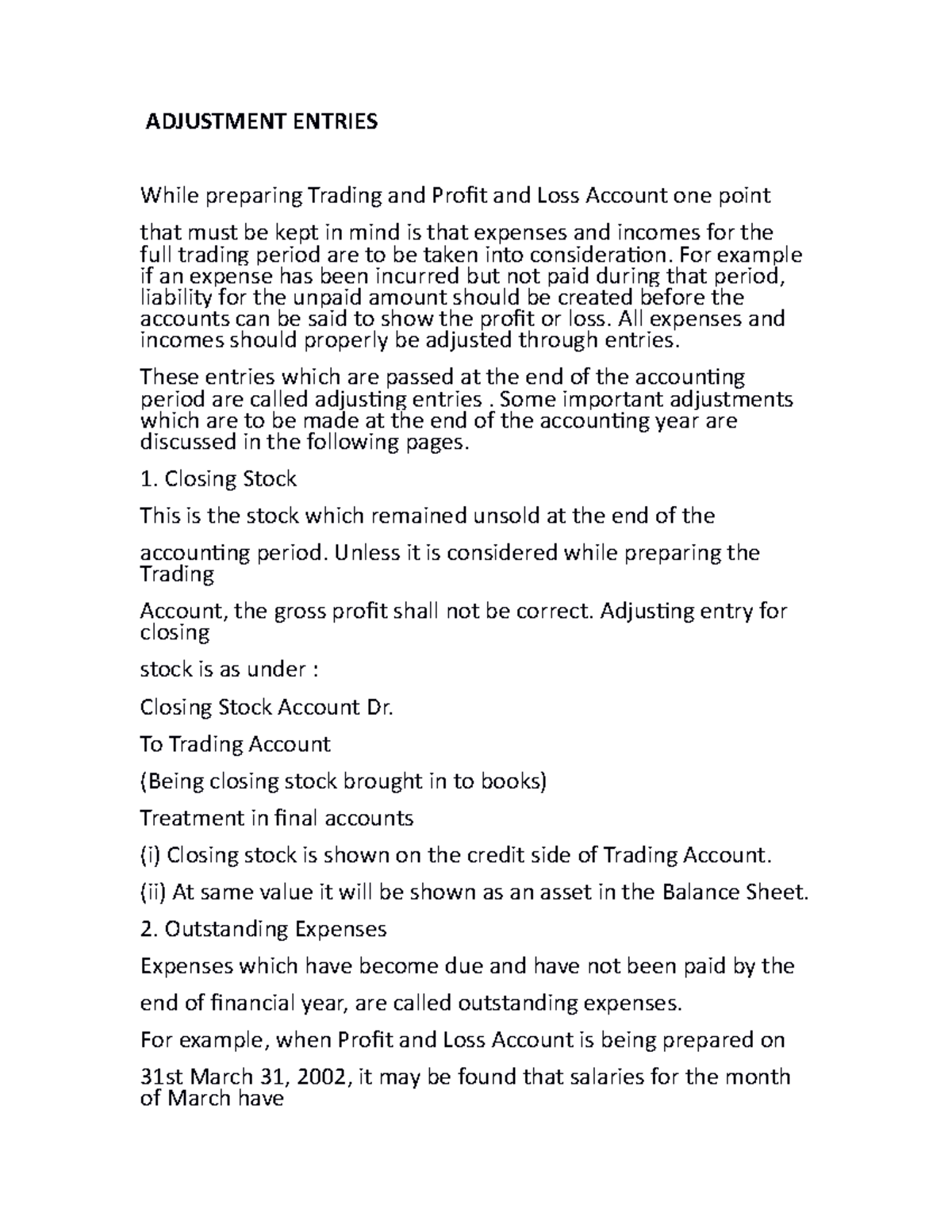 Adjustment Entries notes - ADJUSTMENT ENTRIES While preparing Trading ...