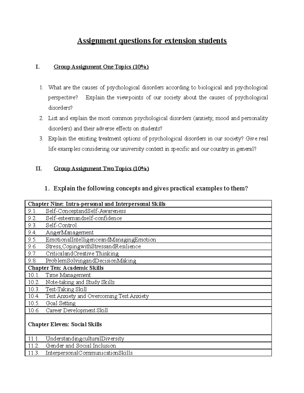 Assignment for 4th year and extention students - Assignment questions ...