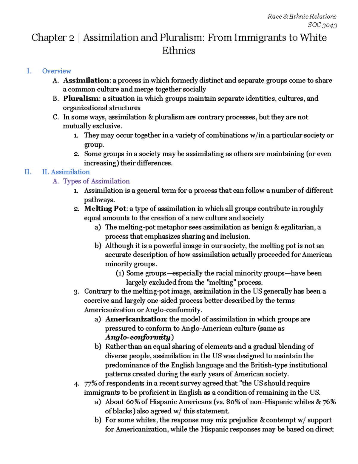 SOC 3043 | Race and Ethnic Relations | Chapter 2: Assimilation and ...