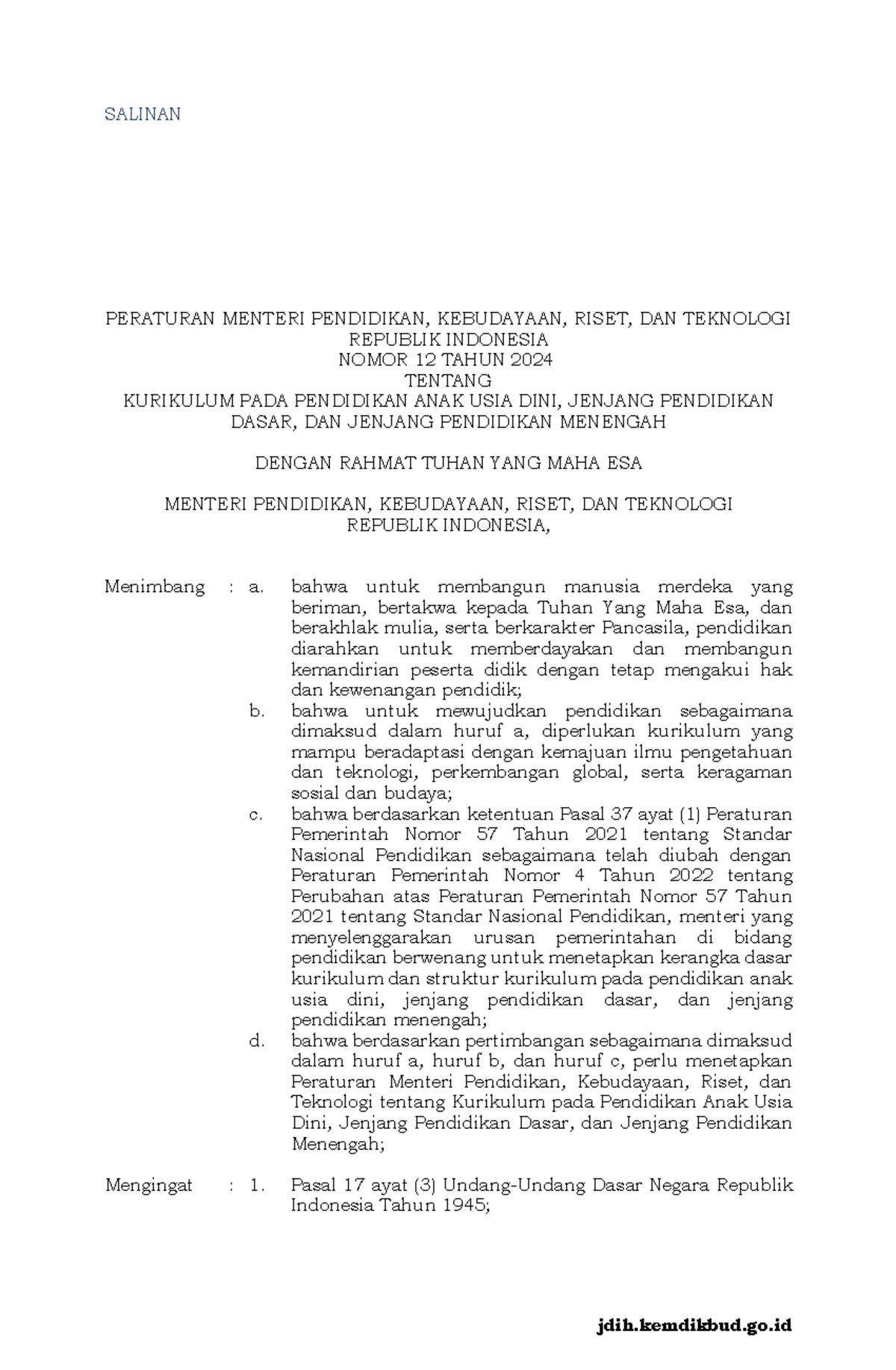 Permendikbud 2024 kurikum - SALINAN MENTERI PENDIDIKAN, KEBUDAYAAN ...