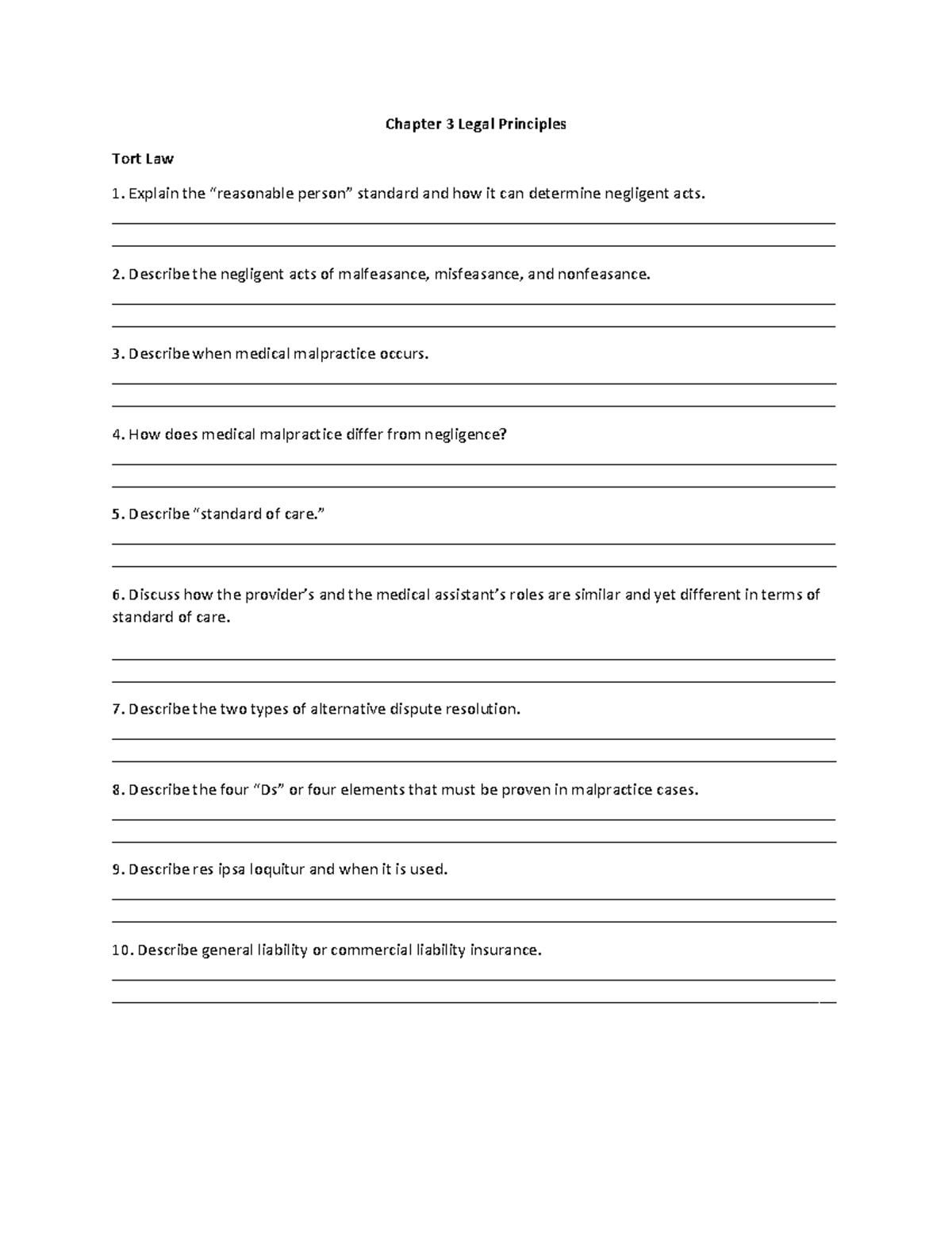Week 2 Assignment Worksheet - Chapter 3 Legal Principles Tort Law ...