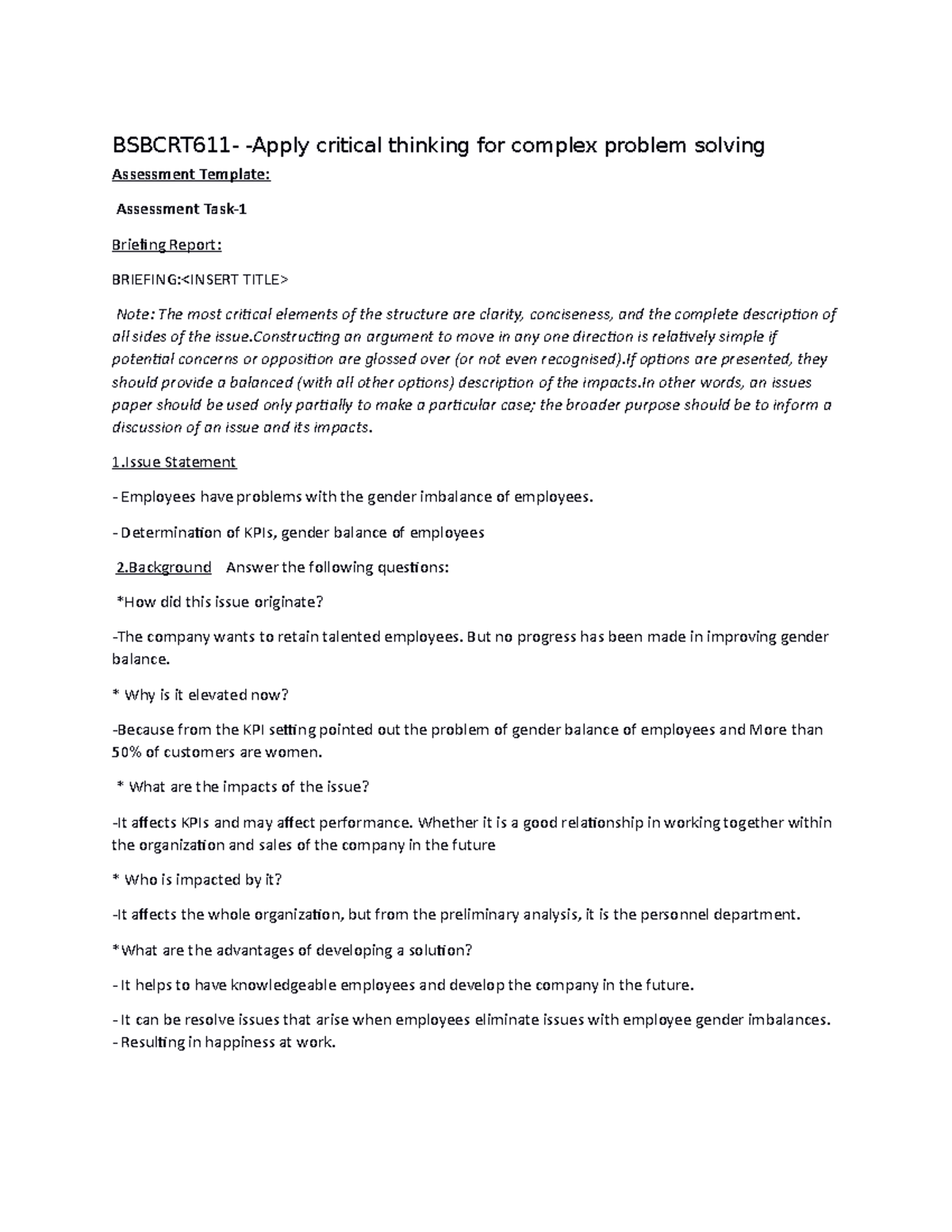 Task 1 - BSBWOR502 - BSBCRT611-Apply critical thinking for complex ...