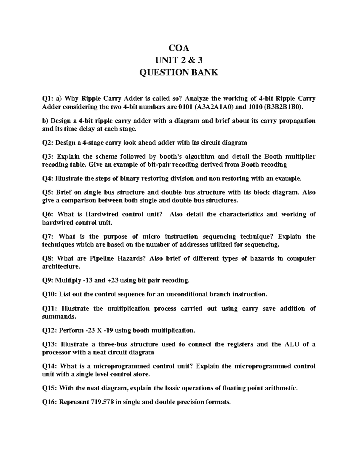 COA Question BANK - lloiuhgjb,mm - COA UNIT 2 & 3 QUESTION BANK Q1: a ...