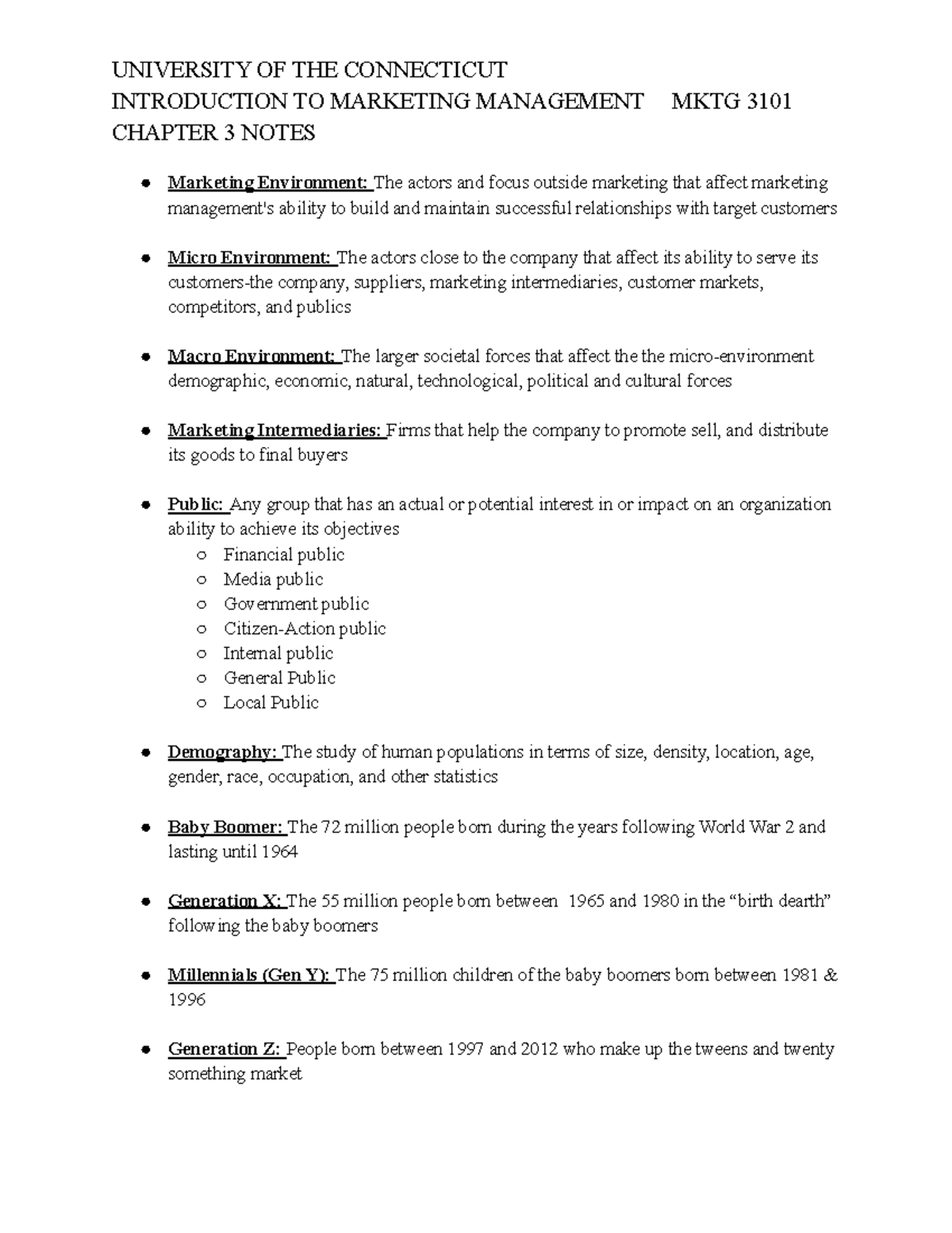 MKTG Notes Ch 3 - UNIVERSITY OF THE CONNECTICUT INTRODUCTION TO ...