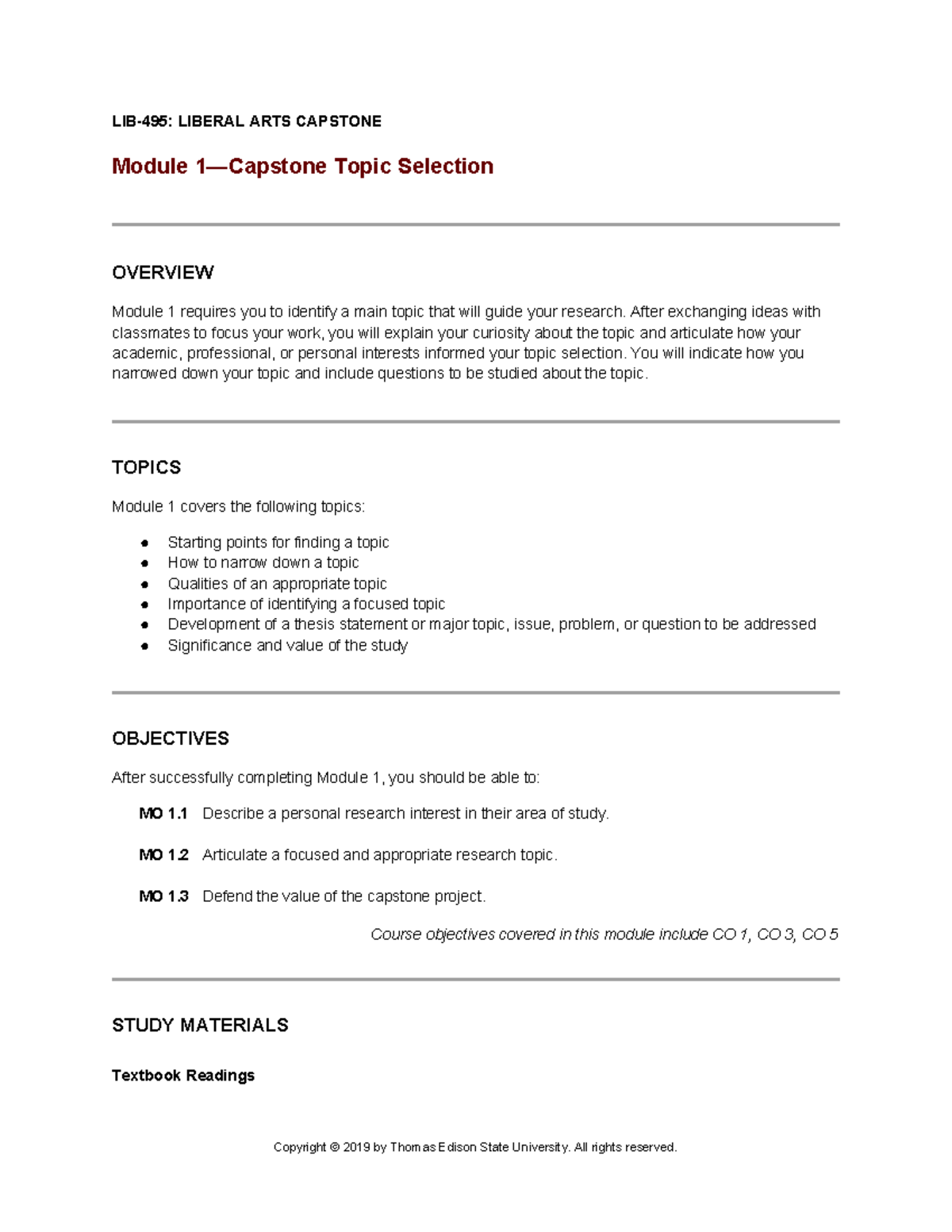 Module 1 LIB-495-jul19 - LIB-495: LIBERAL ARTS CAPSTONE Module 1 ...
