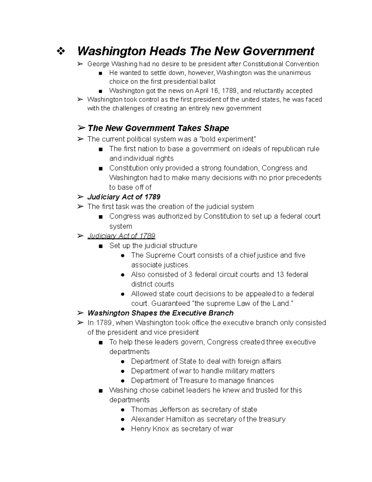 Chapter 6 US History Notes - Washington Heads The New Government George ...