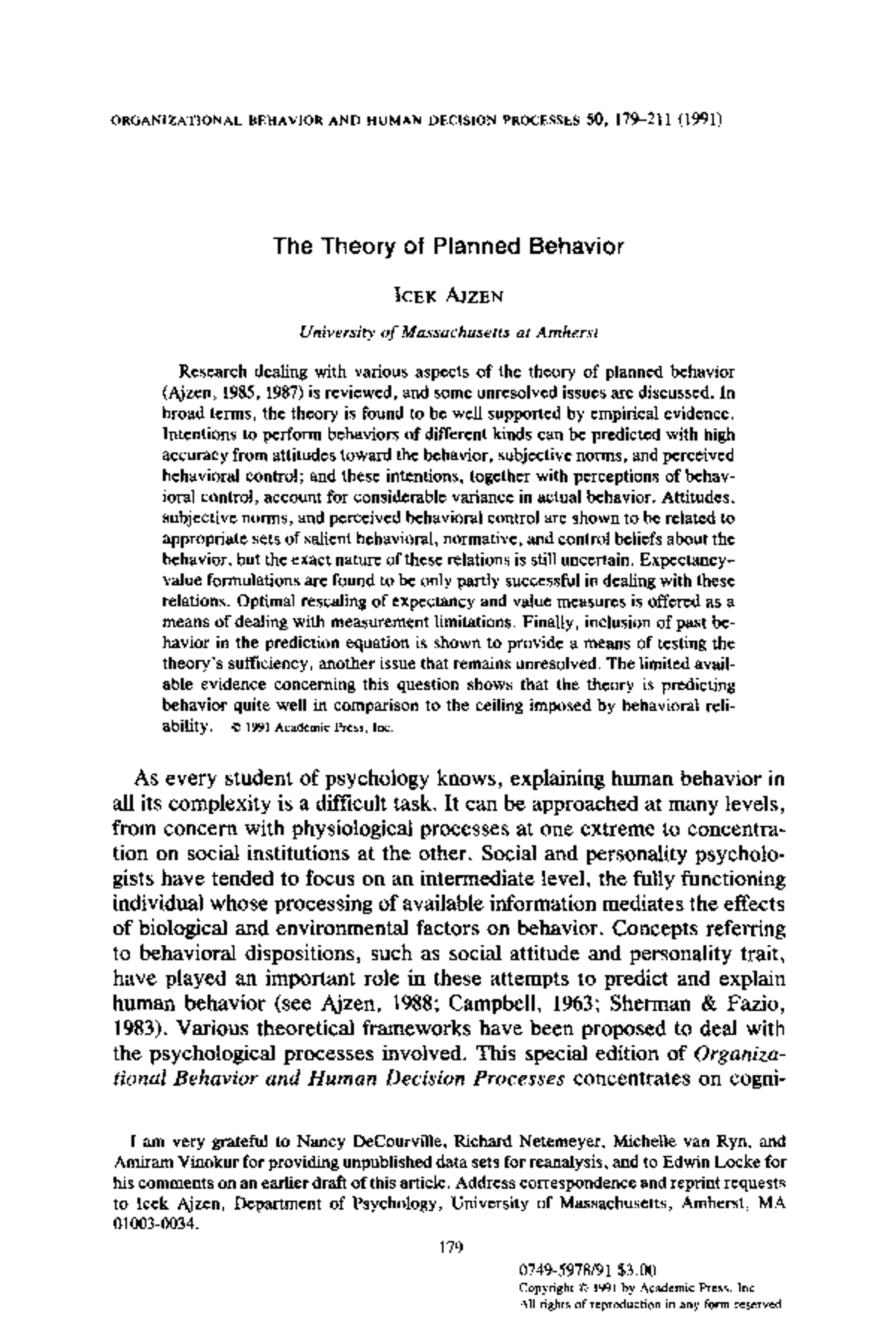 Ajzen - 1991 - The Theory of Planned Behavior - ORGANIZATIONAL BEHAVIOR ...
