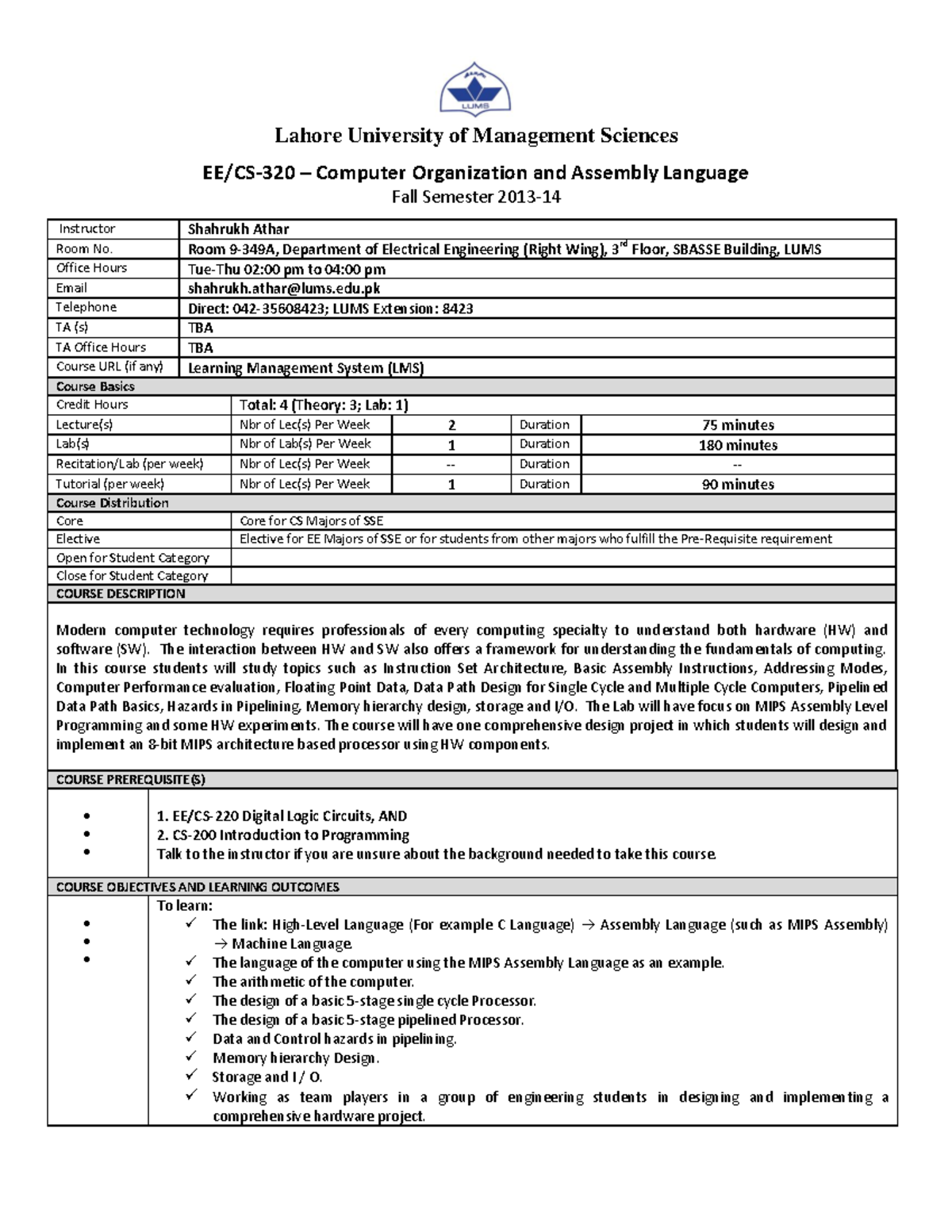 EE CS 320-Computer Organization and Assembly Language-Shahrukh Athar ...