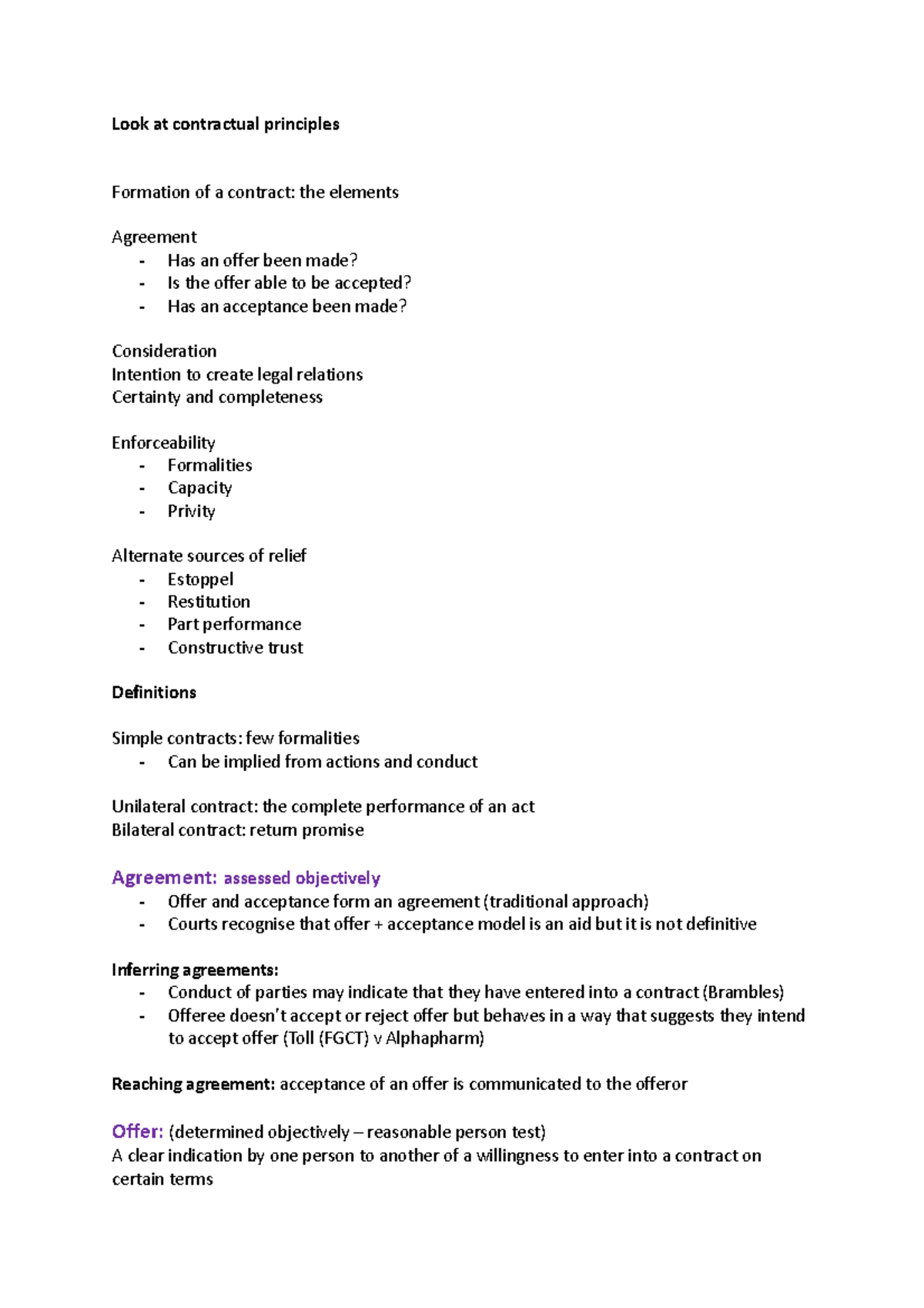 Contract final exam notes - Look at contractual principles Formation of ...