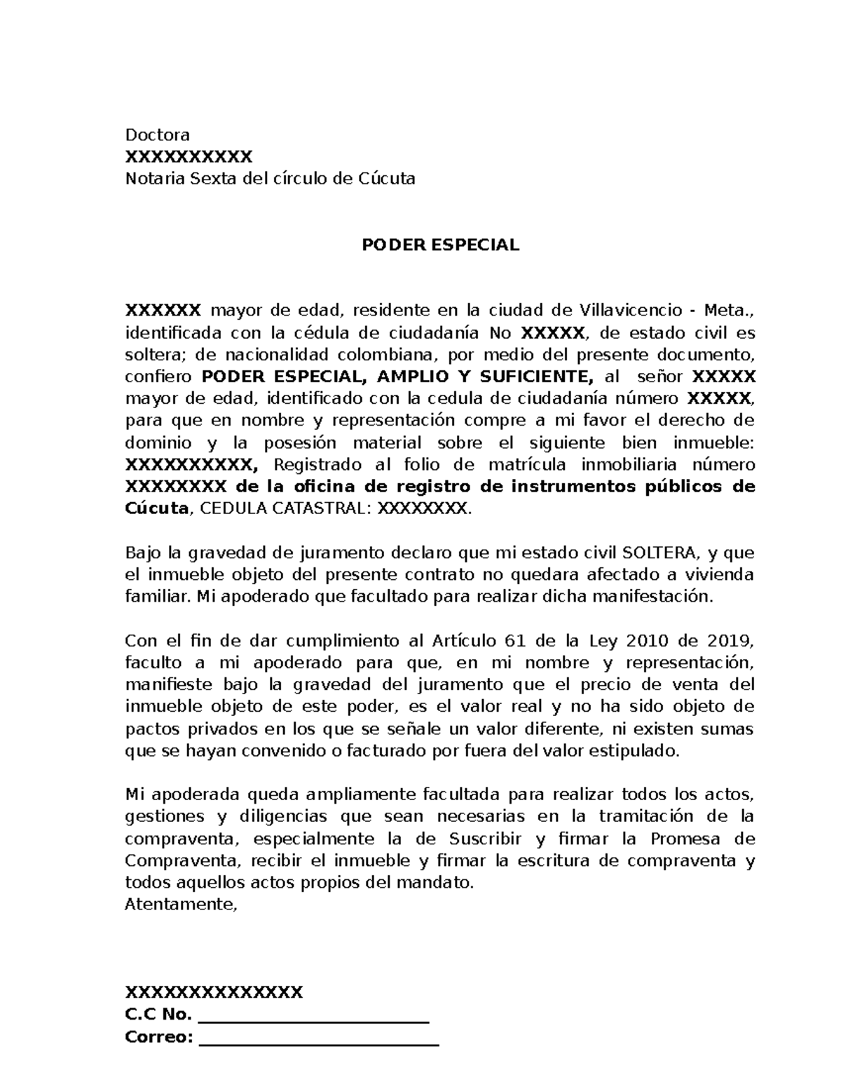 2021 Poder Especial PARA Compra DE Inmueble - Doctora XXXXXXXXXX ...