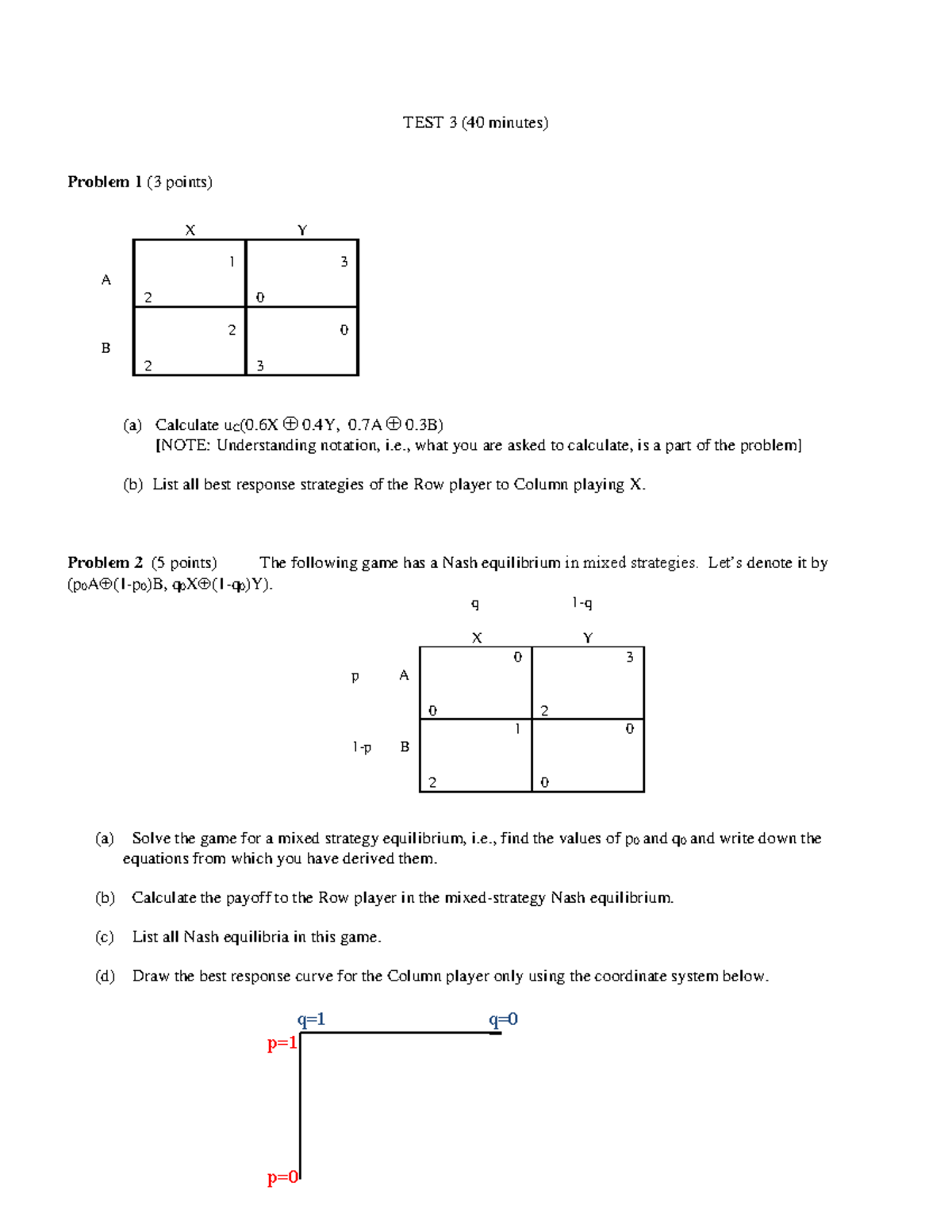 Test 3 - yrsd - TEST 3 (40 minutes) Problem 1 (3 points) X Y A 1 2 3 0 ...