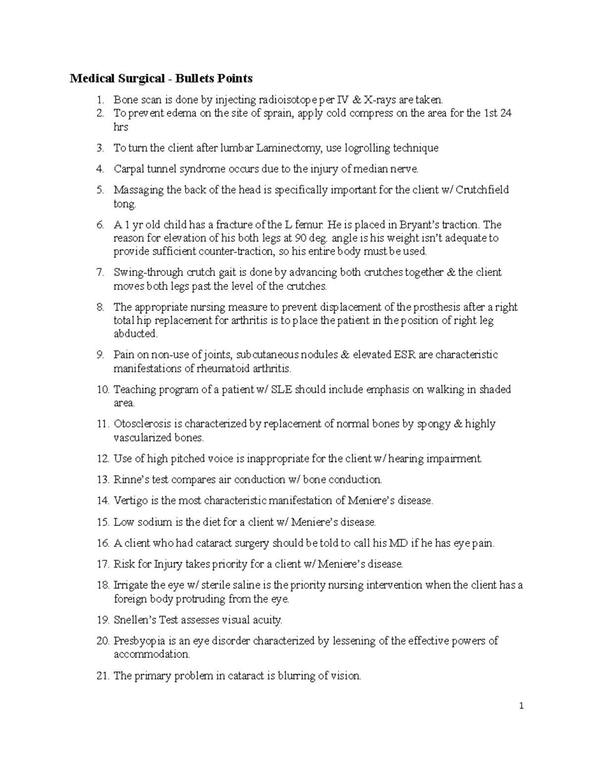 Week 1 Med Surg Bullets - Medical Surgical - Bullets Points 1. Bone ...