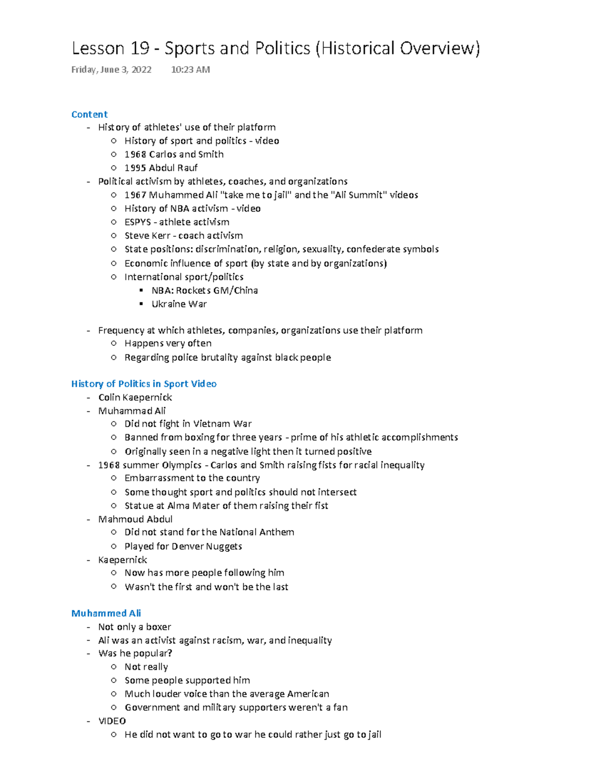 Spmgt 101 lecture 19 - Content History of athletes' use of their ...