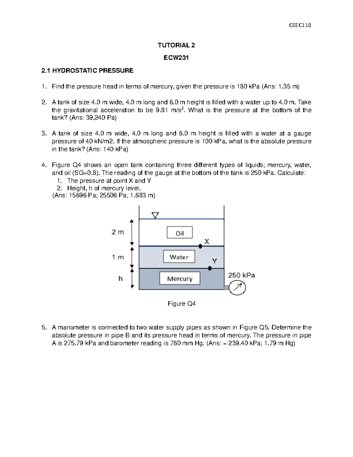 Tutorial 2 ECW231 - TUTORIAL 2 ECW 2 HYDROSTATIC PRESSURE Find the ...