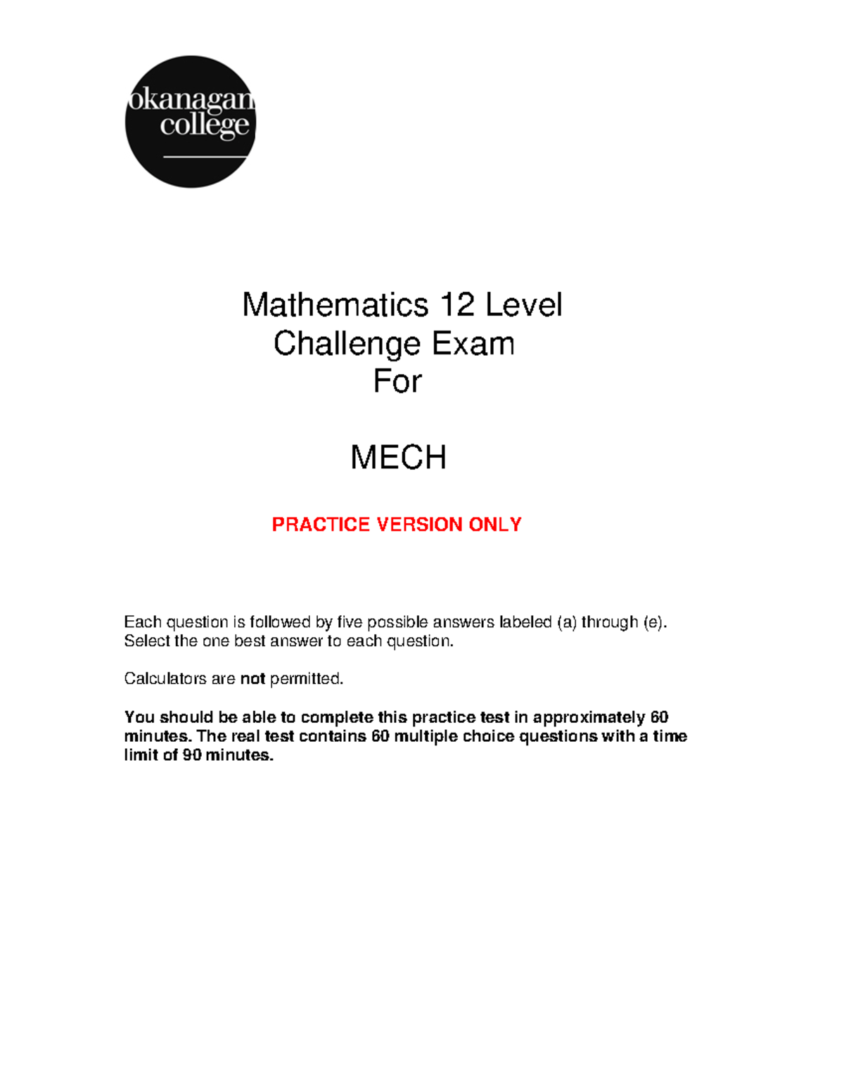 Math 12-quiz - Math 12-quiz - Mathematics 12 Level Challenge Exam For ...