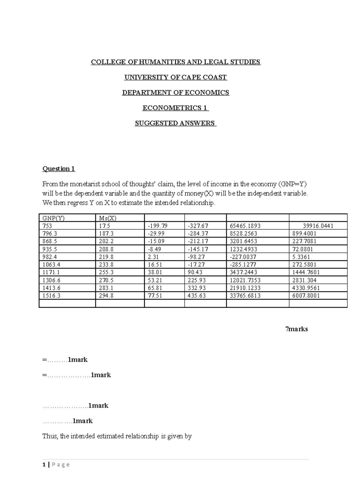 Econometrics Quiz 2 marking scheme - COLLEGE OF HUMANITIES AND LEGAL ...