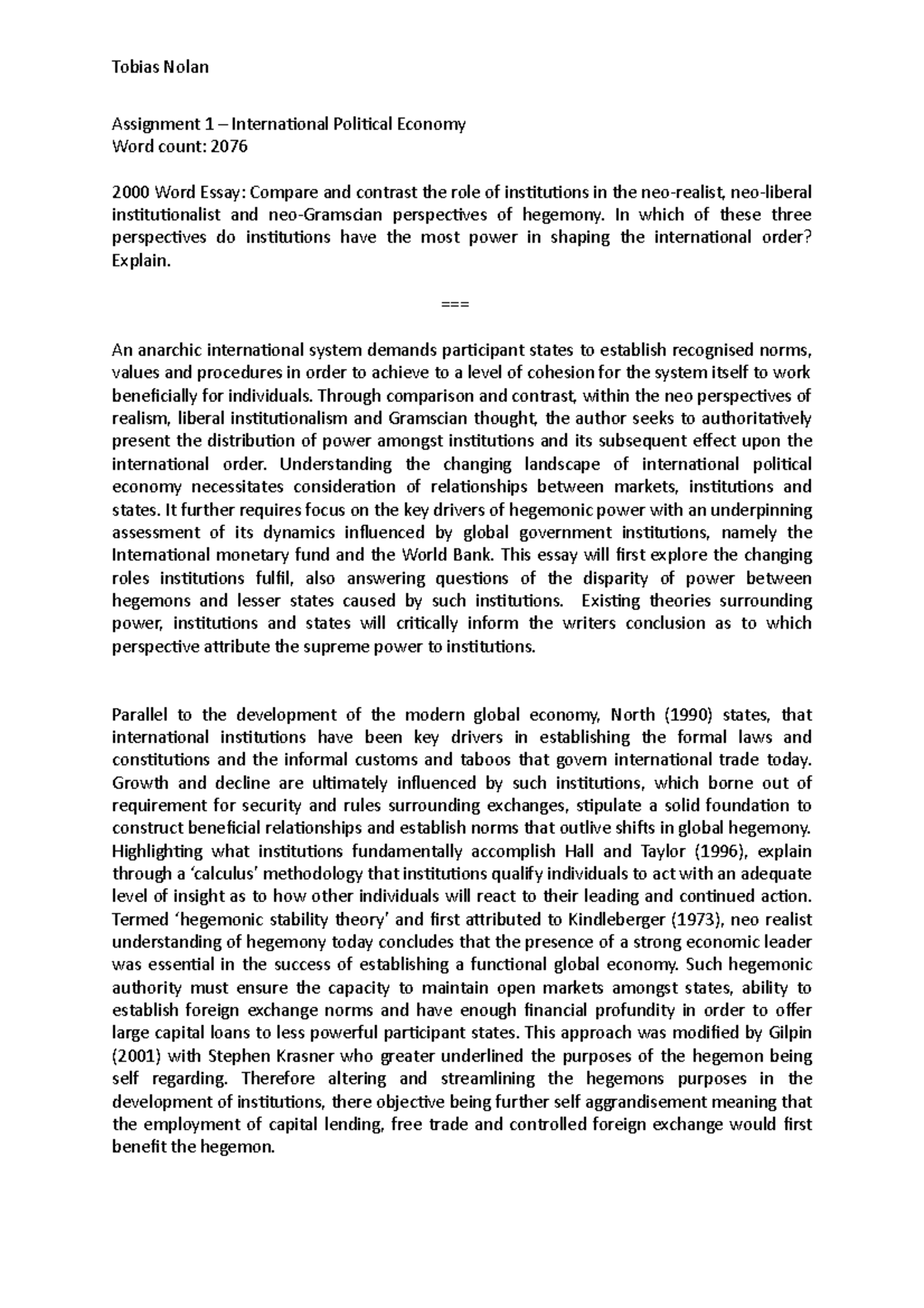 IPE Essay 1 - Hegemony, institutions and power - Tobias Nolan Assignment 1 International ...