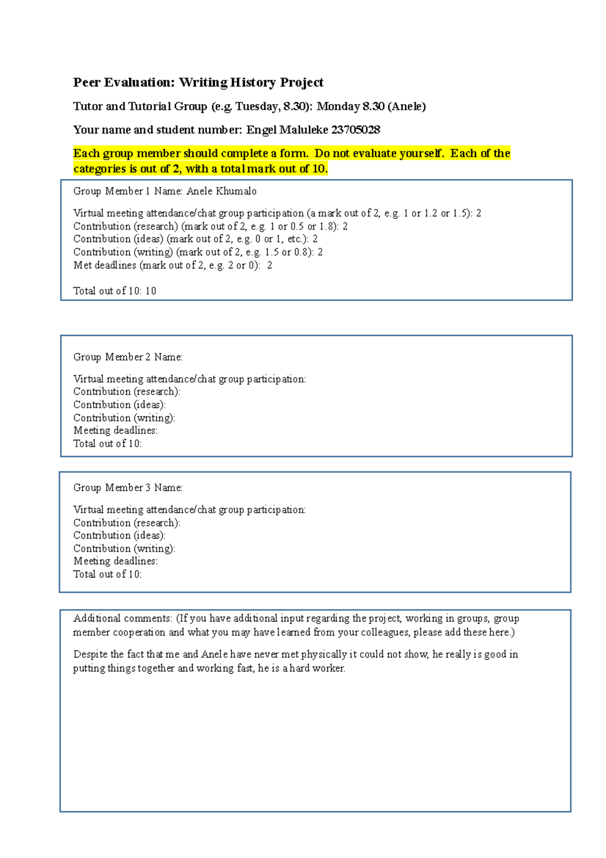 WHP Peer Evaluation Form - Peer Evaluation: Writing History Project ...