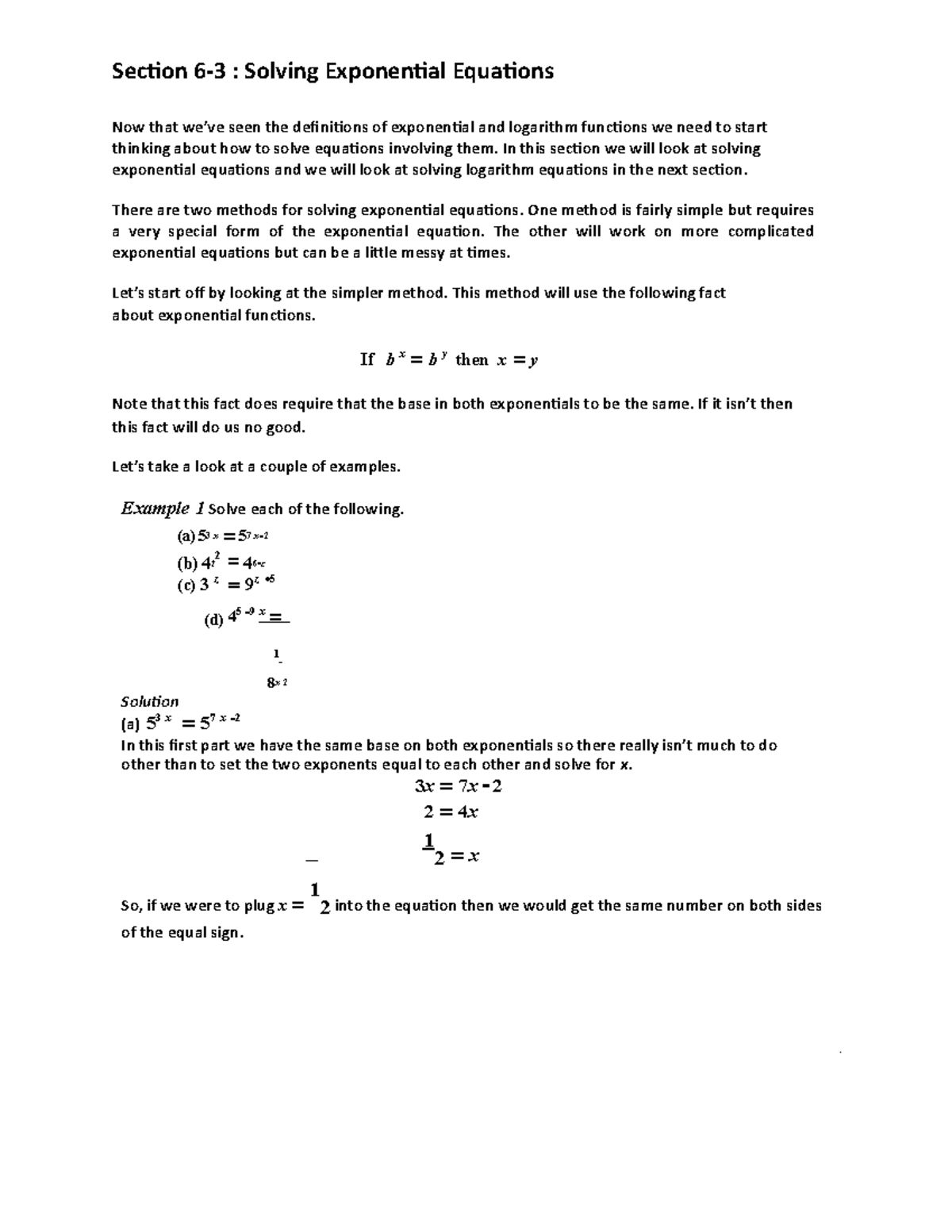 Solving Exponential Equations - Section 6-3 : Solving Exponential ...