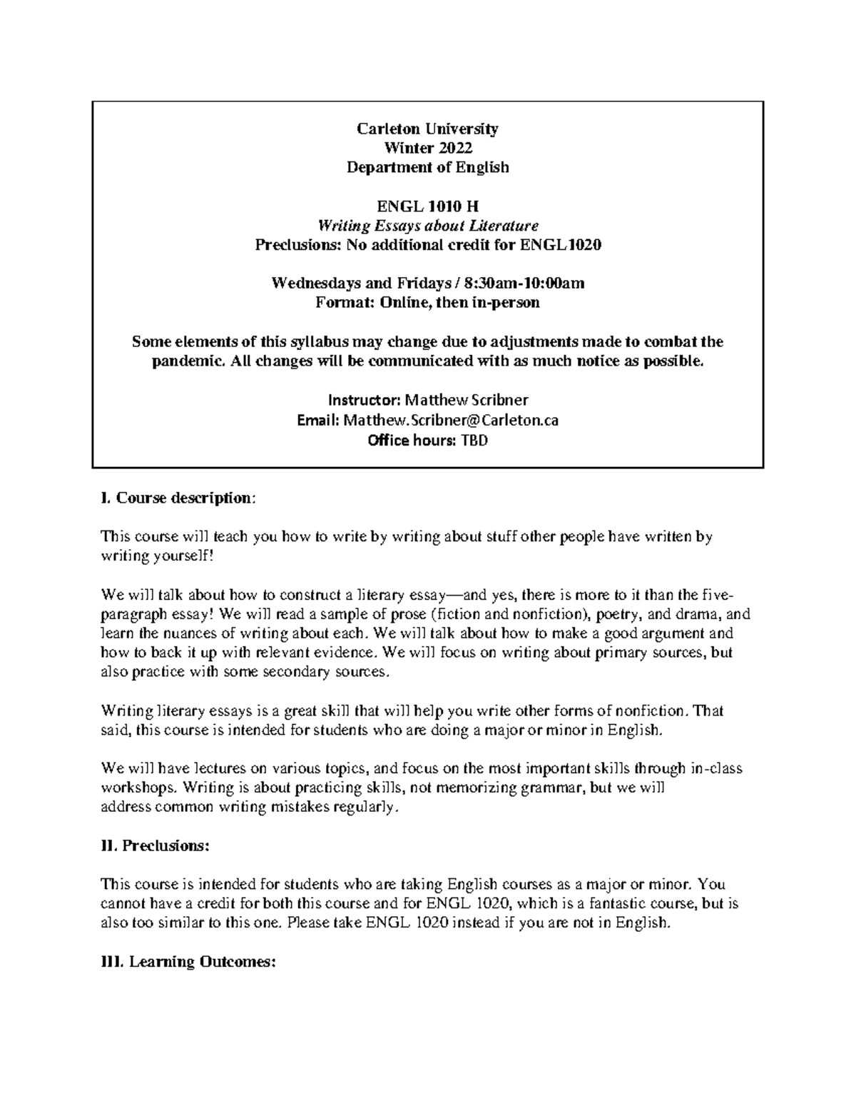 ENGL1010 Winter 22 Course Outline - Carleton University Winter 2022 ...