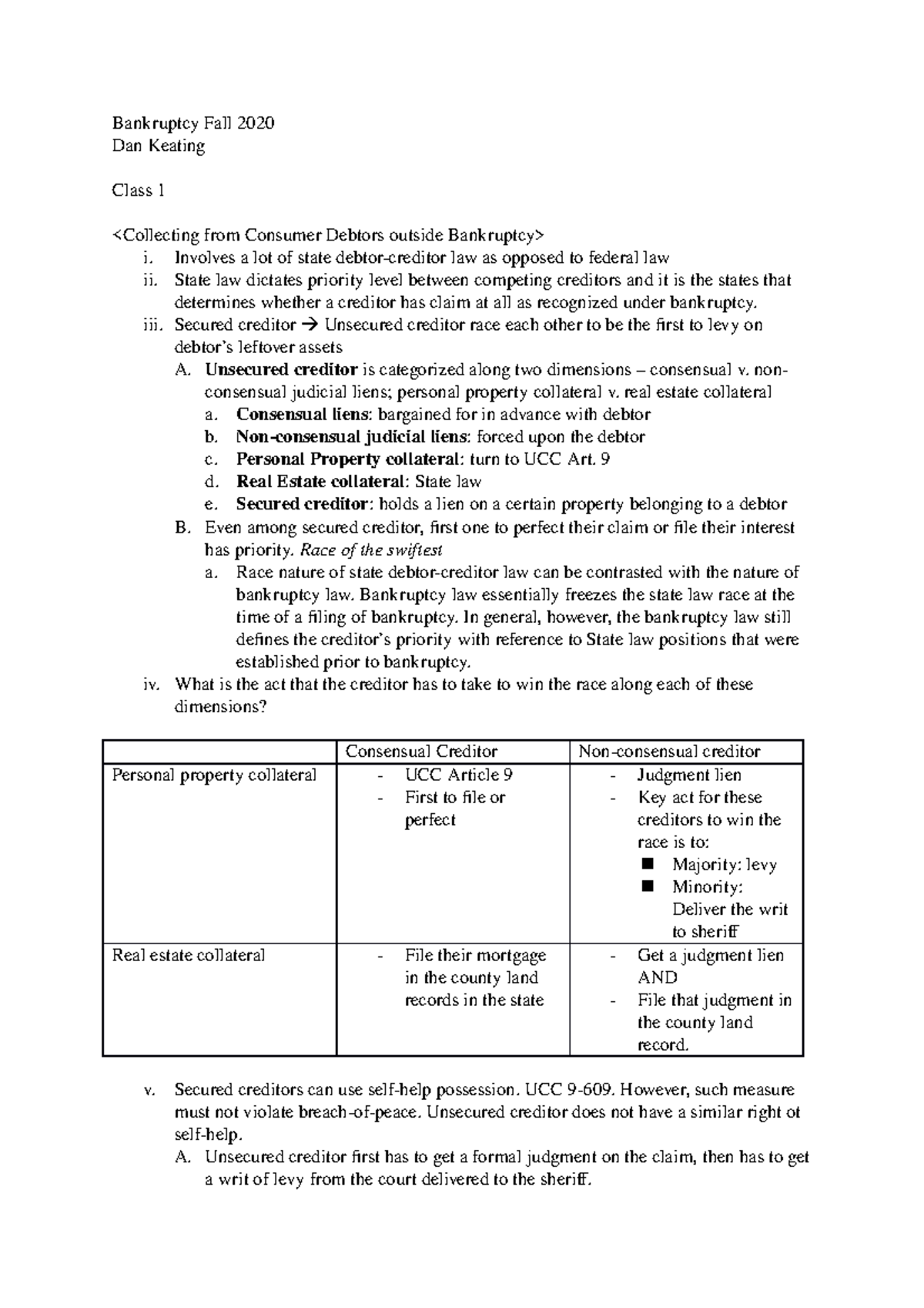 Bankruptcy Outline - Bankruptcy Fall 2020 Dan Keating Class 1