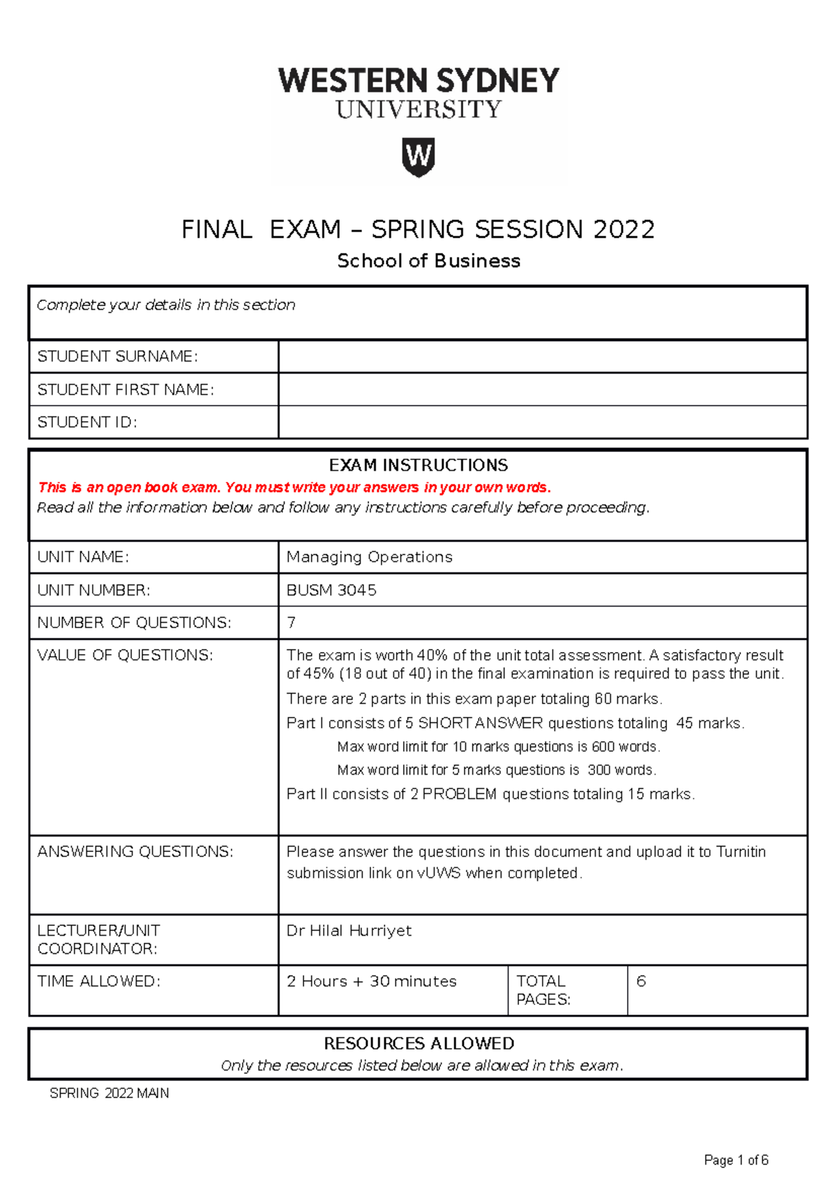 2022 Final Exam BUSM 3045 Managing Operations by HH Final Version ...