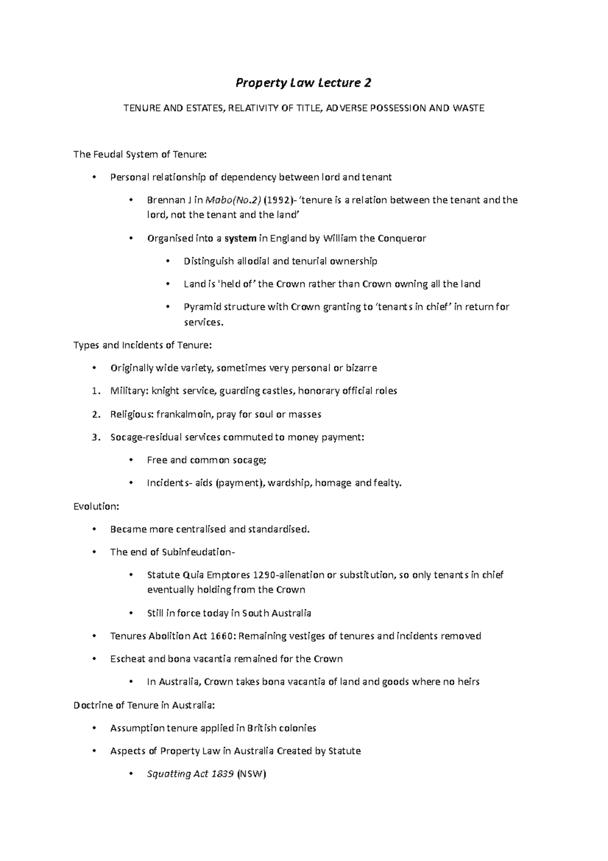 Property Law Lecture 2 - Lec 2 NOTES - Property Law Lecture 2 TENURE ...