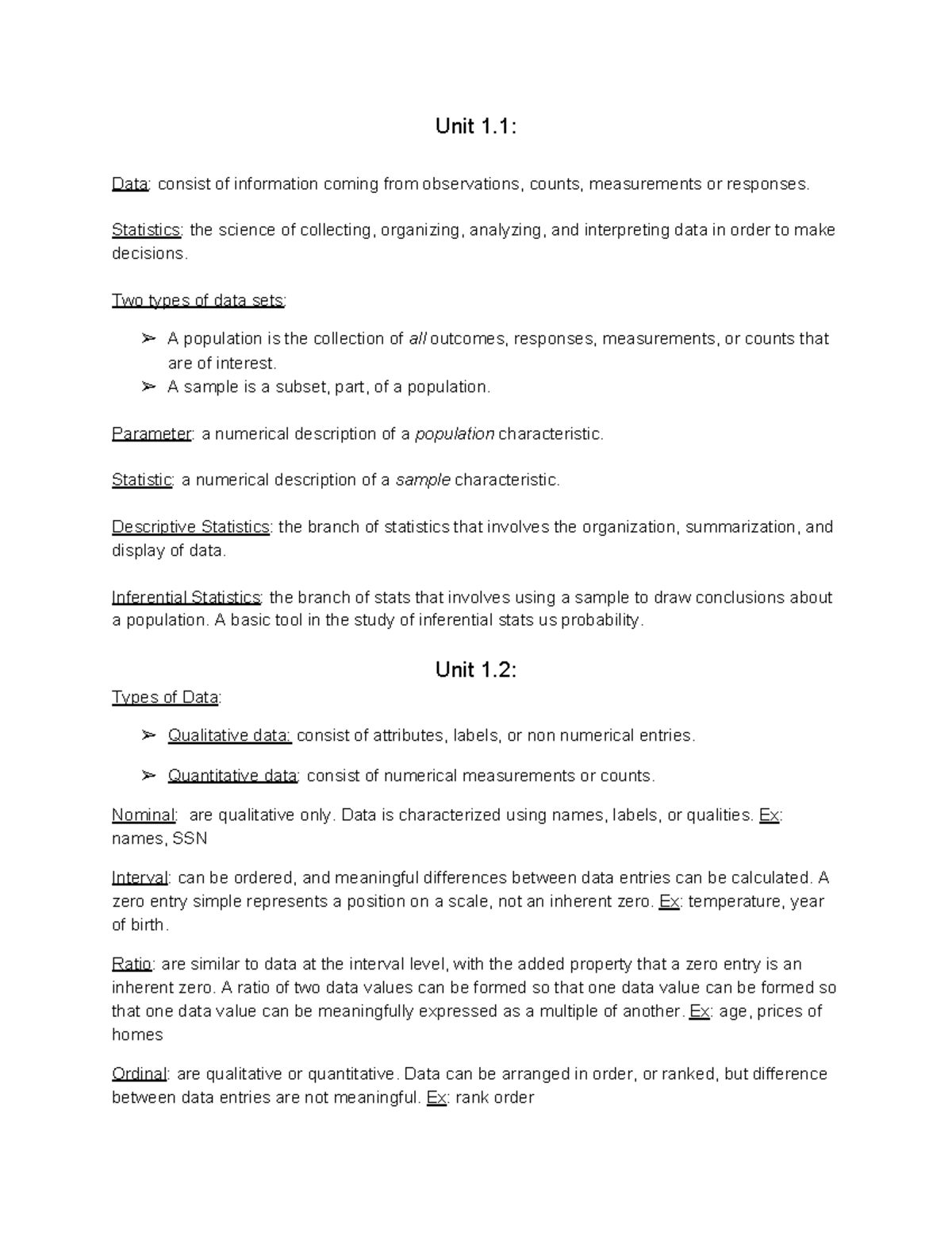 Stats notes - Prof. Humes - Unit 1: Data : consist of information ...