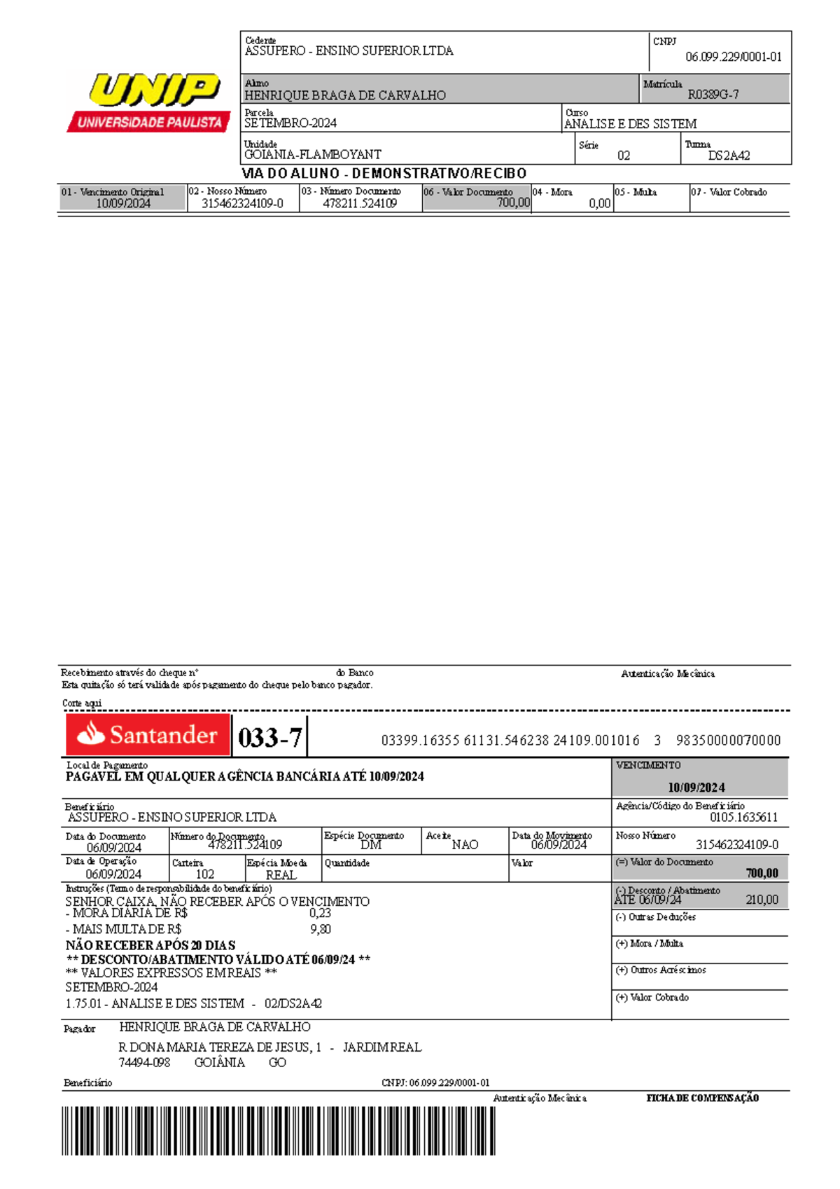 Boleto-202409 - Pagamentos - Cedente CNPJ Aluno Matrícula Parcela Curso ...