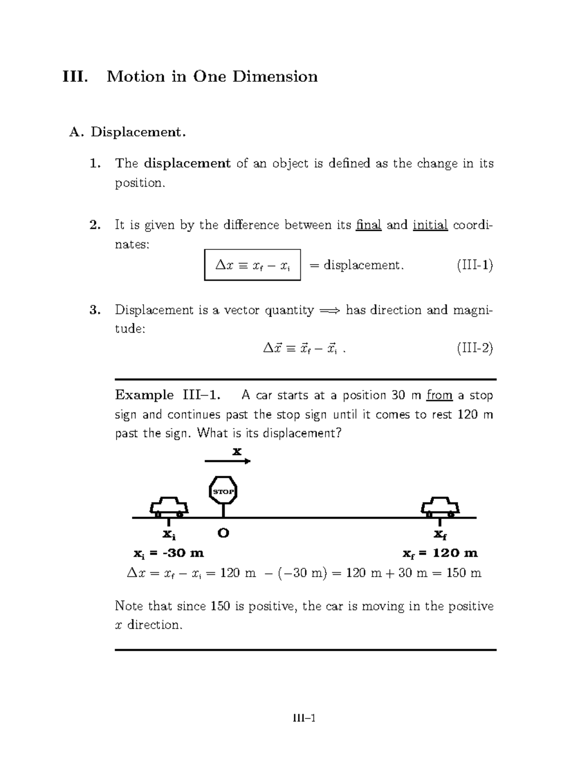 Topic 2 Motion in One Dimension - III. Motion in One Dimension A ...