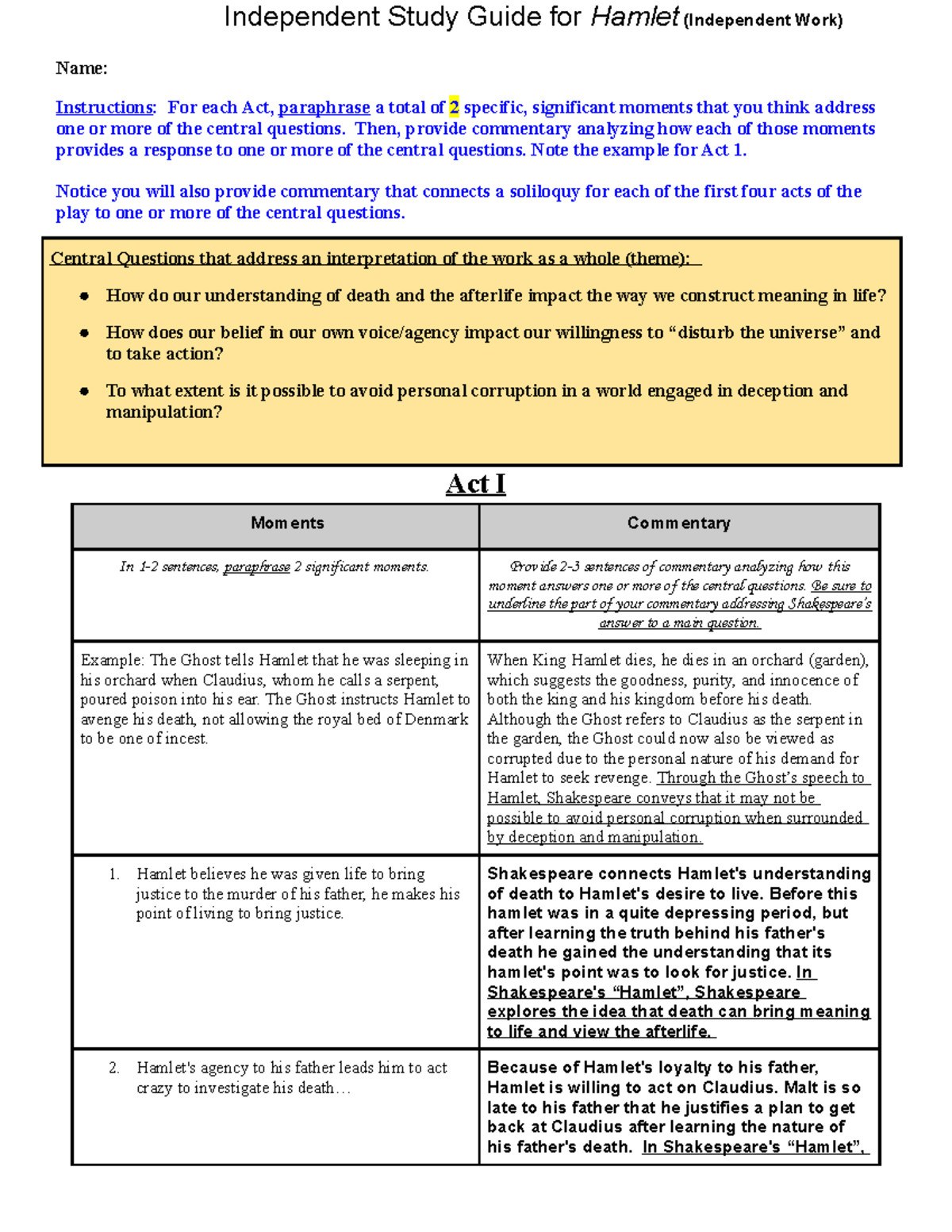 Copy of Hamlet Independent Study Guide for 2023 - Name: Instructions ...