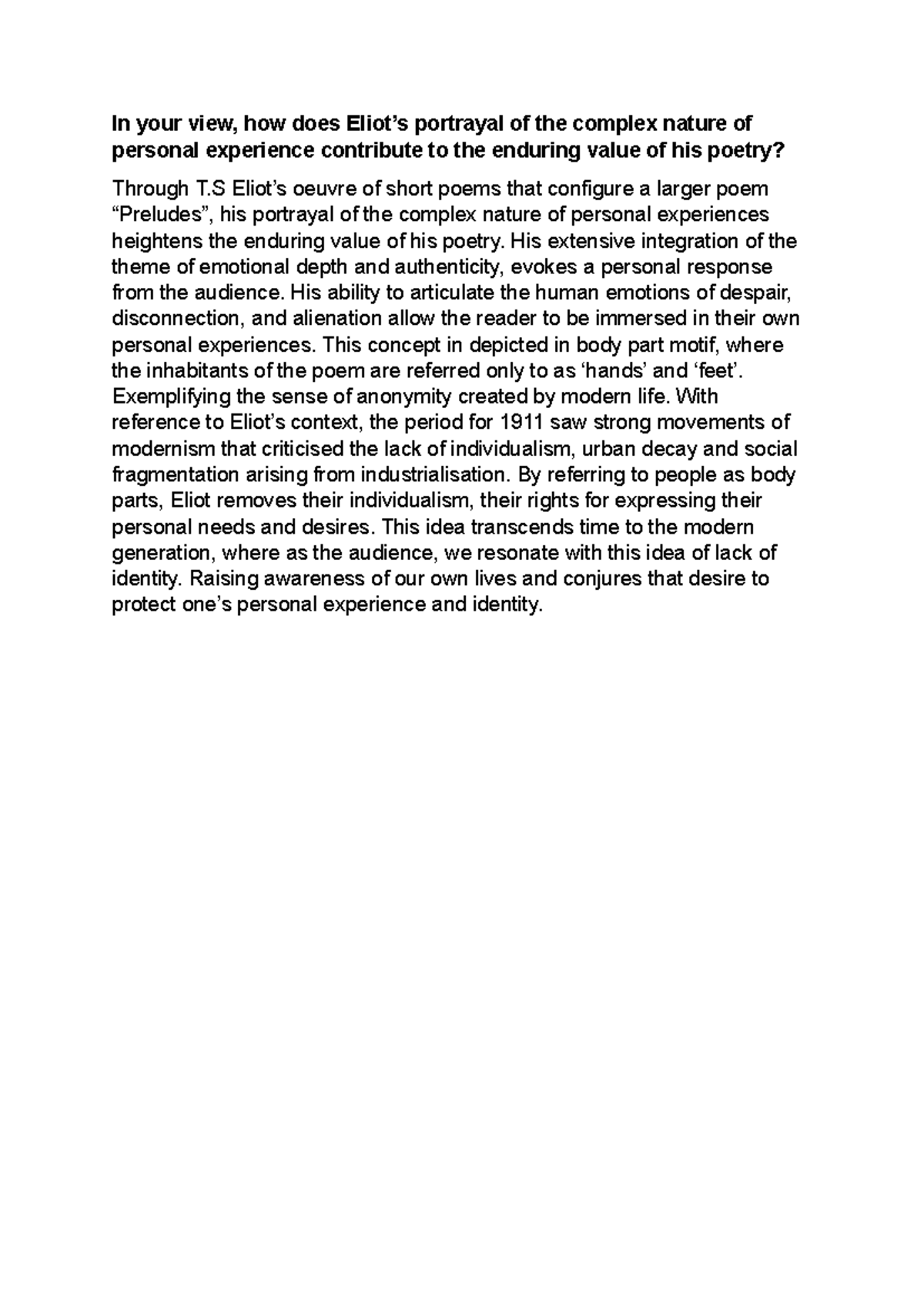 Preludes Poem Analysis - In your view, how does Eliot’s portrayal of ...