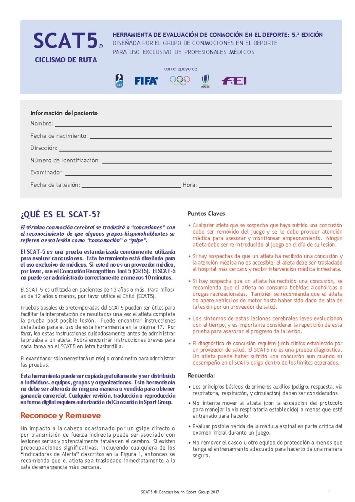 SCAT-5 ROAD ESP Dec 2022 - SCAT5© ¿QUÉ ES EL SCAT- 5? El término conmoción cerebral se traducirá ...