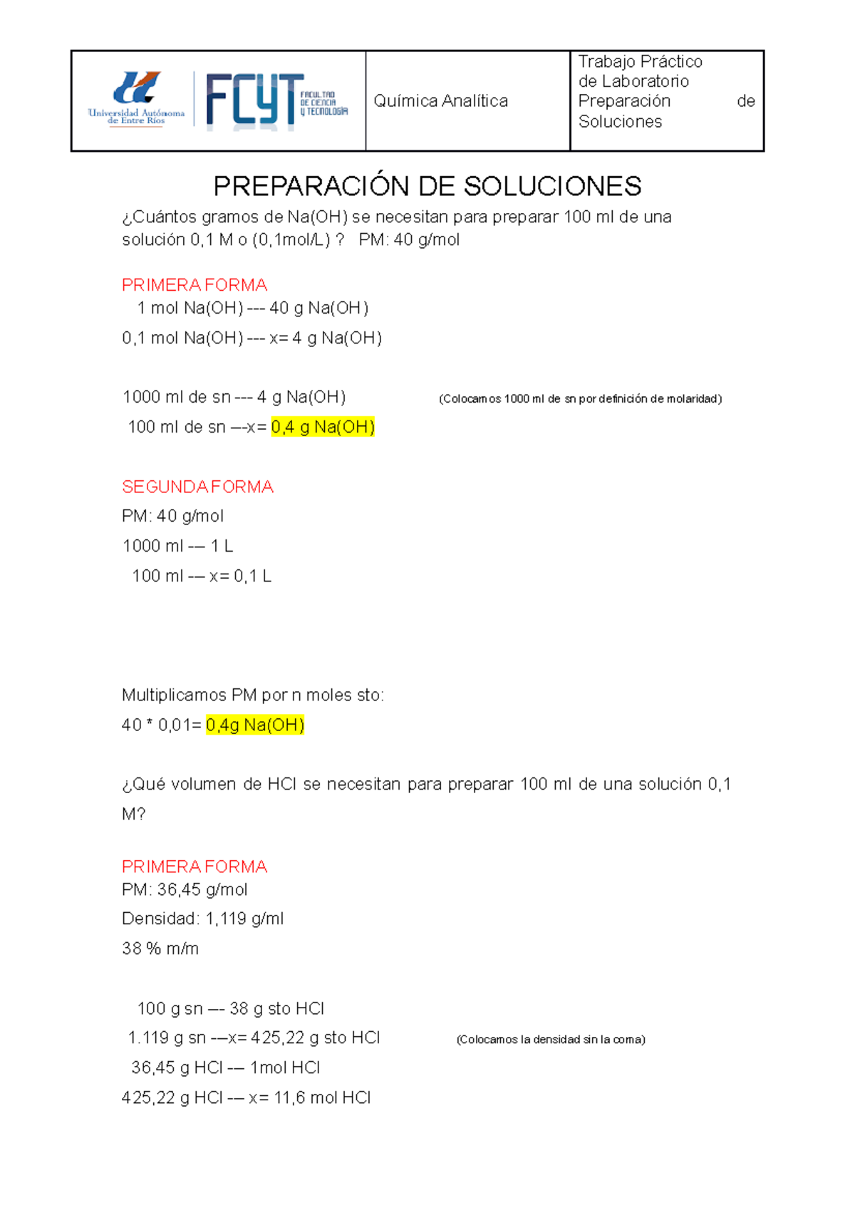 Calculos PARA Preparar Soluciones - Química Analítica Trabajo Práctico ...