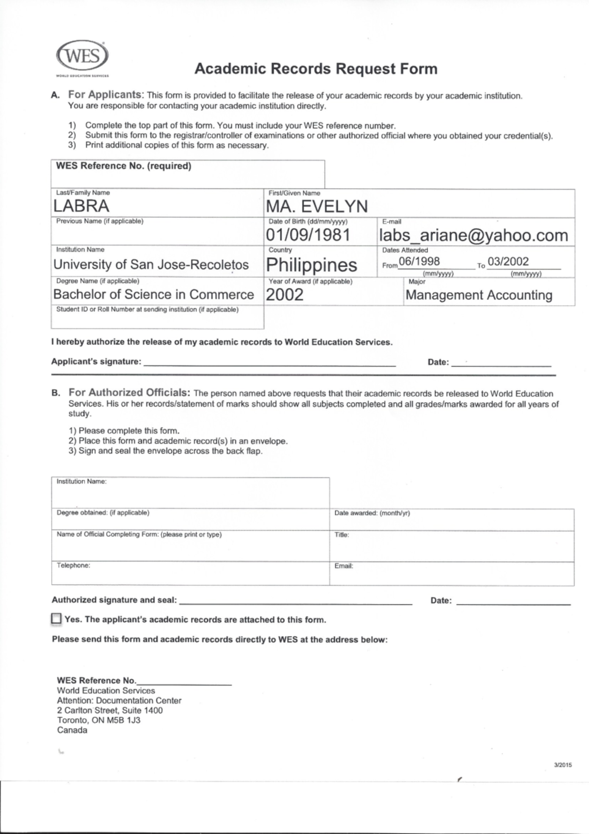 Wes request form - research - Bachelor of Science in Customs Admistration - Studocu