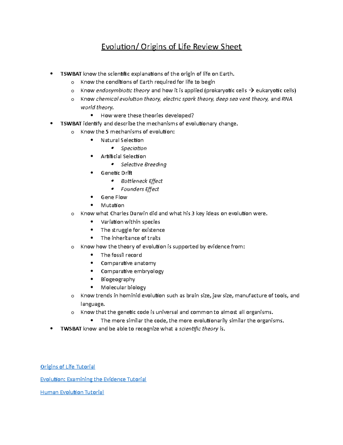 Evolution and OOL Review Sheet - Evolution/ Origins of Life Review ...