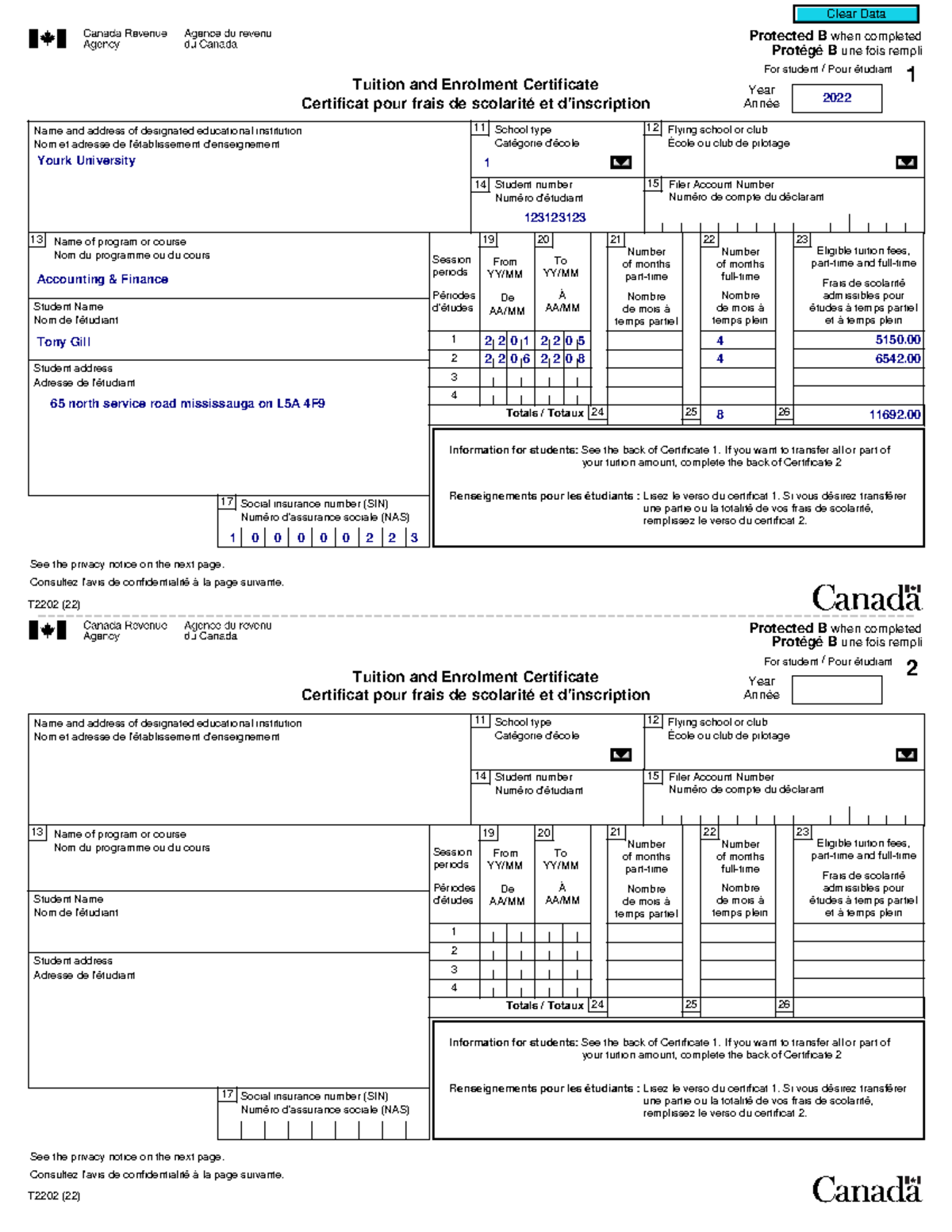 T2202-fill - tax slip - Protected B when completed Protégé B une fois ...