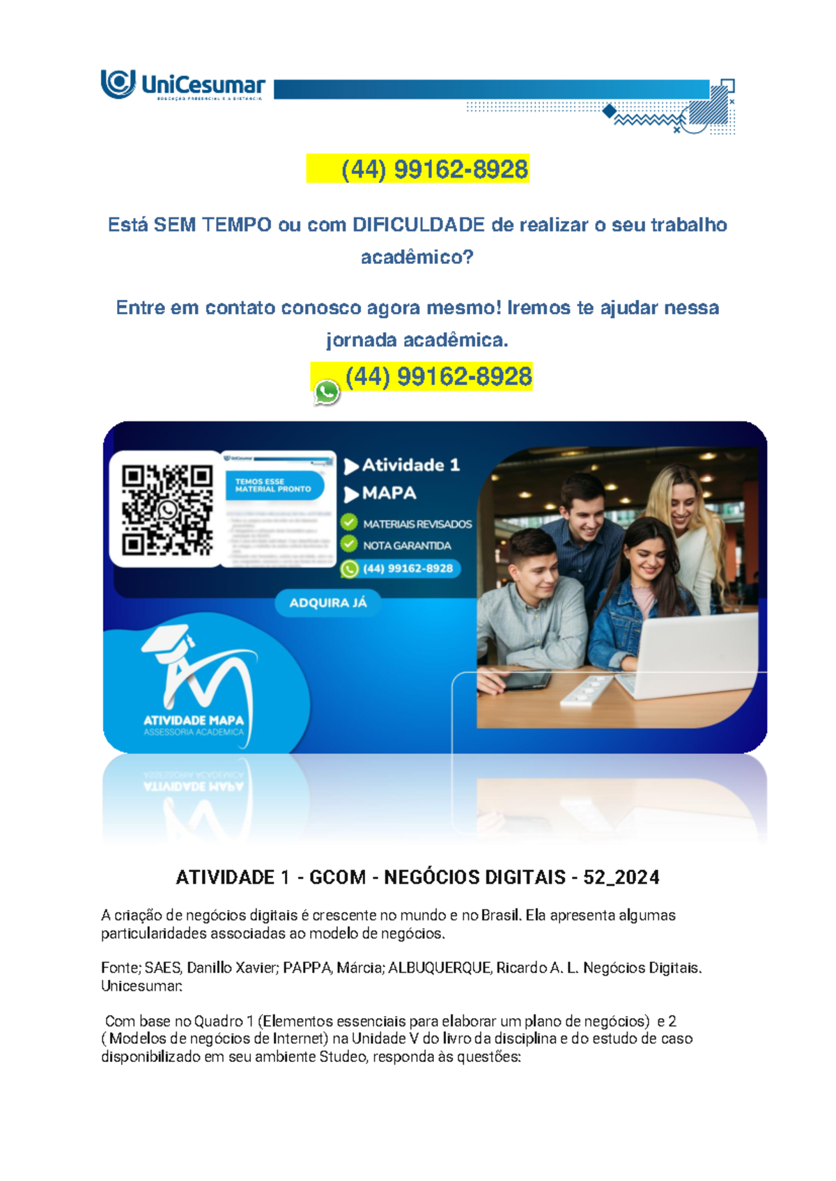 ATIVIDADE 1 - GCOM - NEGÓCIOS DIGITAIS - 52_2024 - (44) 99162- 8928 ...