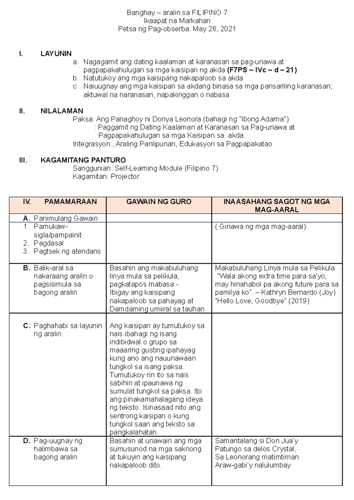 Observation - Copy - OBSEVATION - Banghay – aralin sa FILIPINO 7 ...