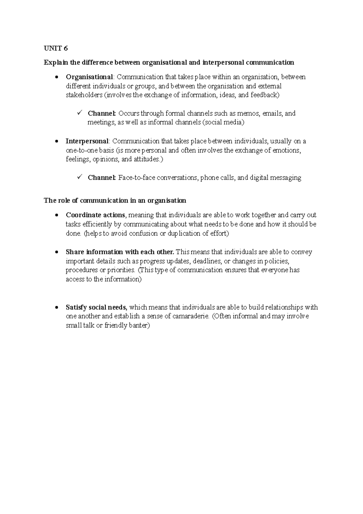 EORG UNIT 6 SUMM, The role of communication in an organisation. - UNIT ...