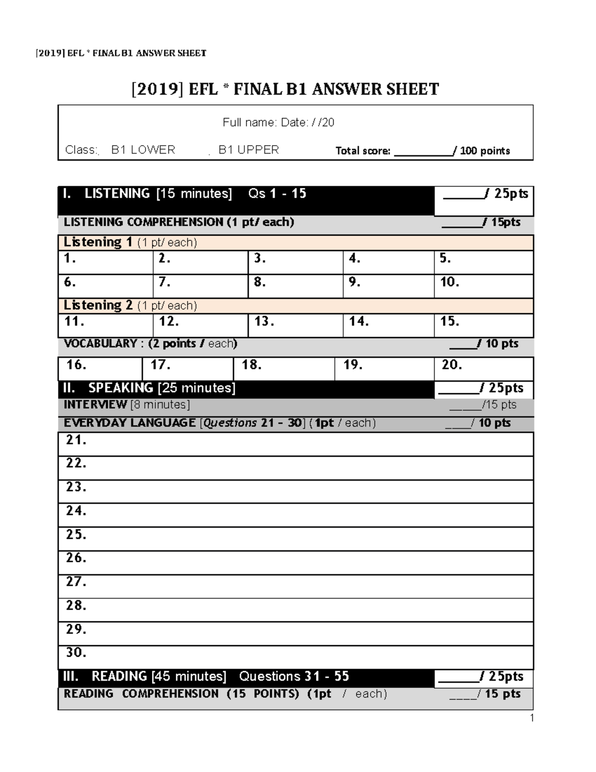2019 Final B1 Answer Sheet - [2019] EFL * FINAL B1 ANSWER SHEET Full ...