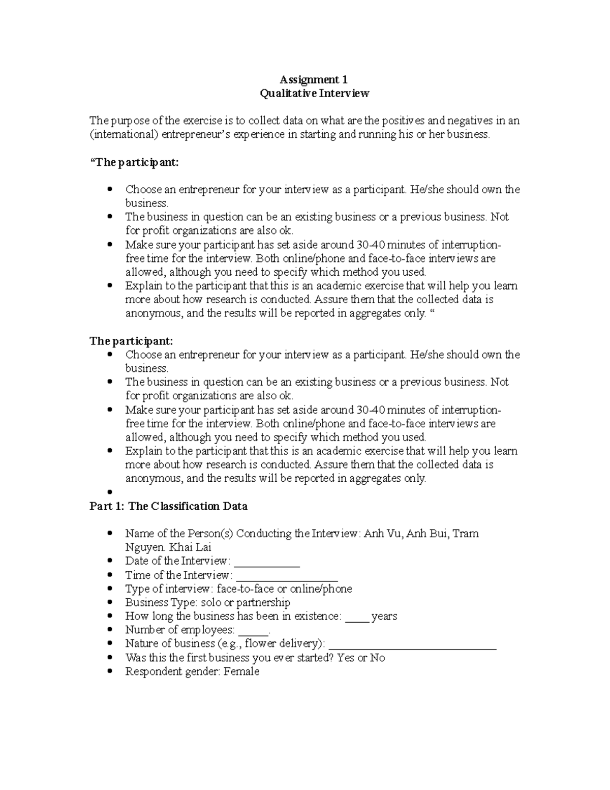 Mrs. HOAI DO interview - Assignment 1 Qualitative Interview The purpose ...