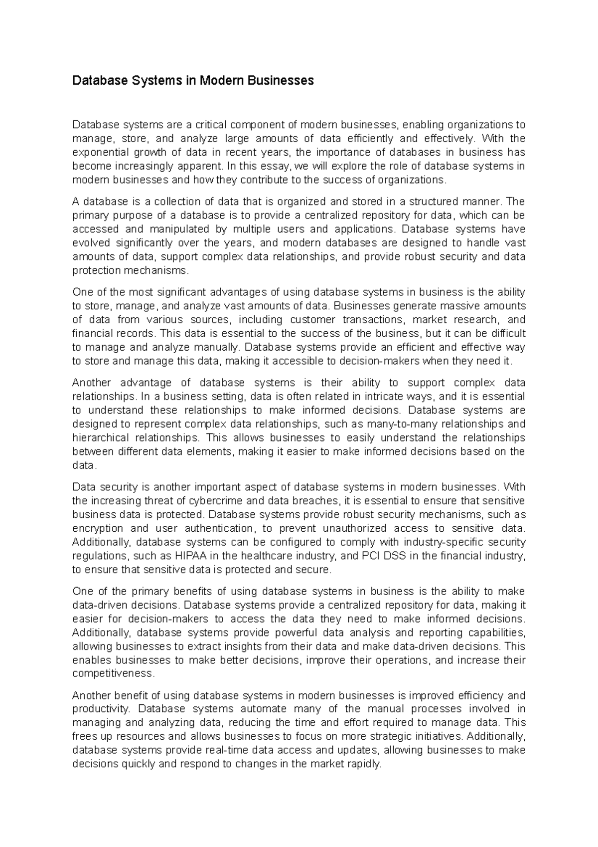 Essay - Database Systems in Modern Businesses - Database Systems in Modern Businesses Database ...