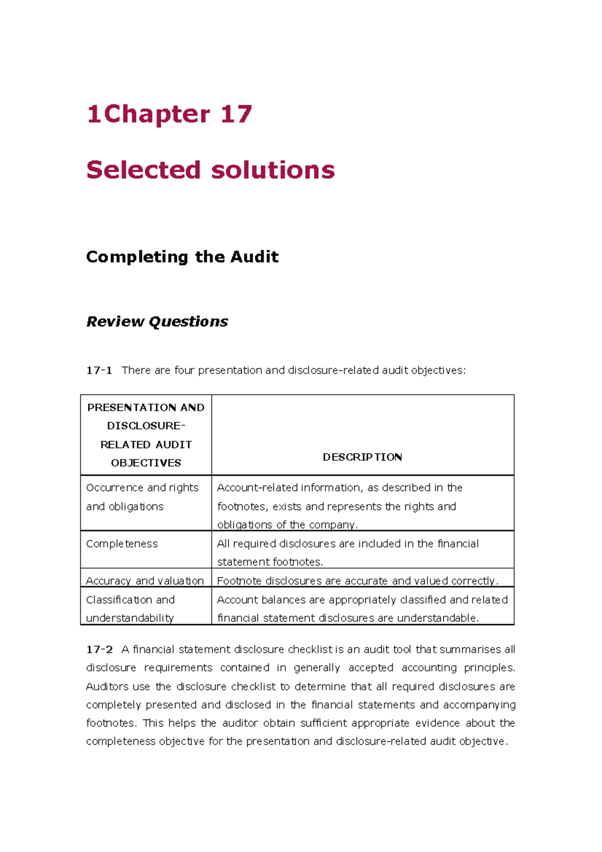 CH17 Tutorial Solutions Arens - 1Chapter 17 Selected solutions Completing the Audit Review ...