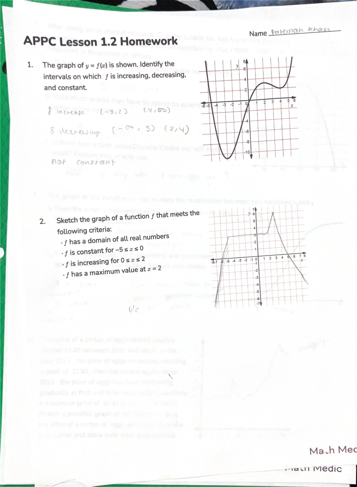 APPC Lesson 1.2 Homework - APPC Lesson 1 Homework Name pateman khan 1. The graph of is shown ...